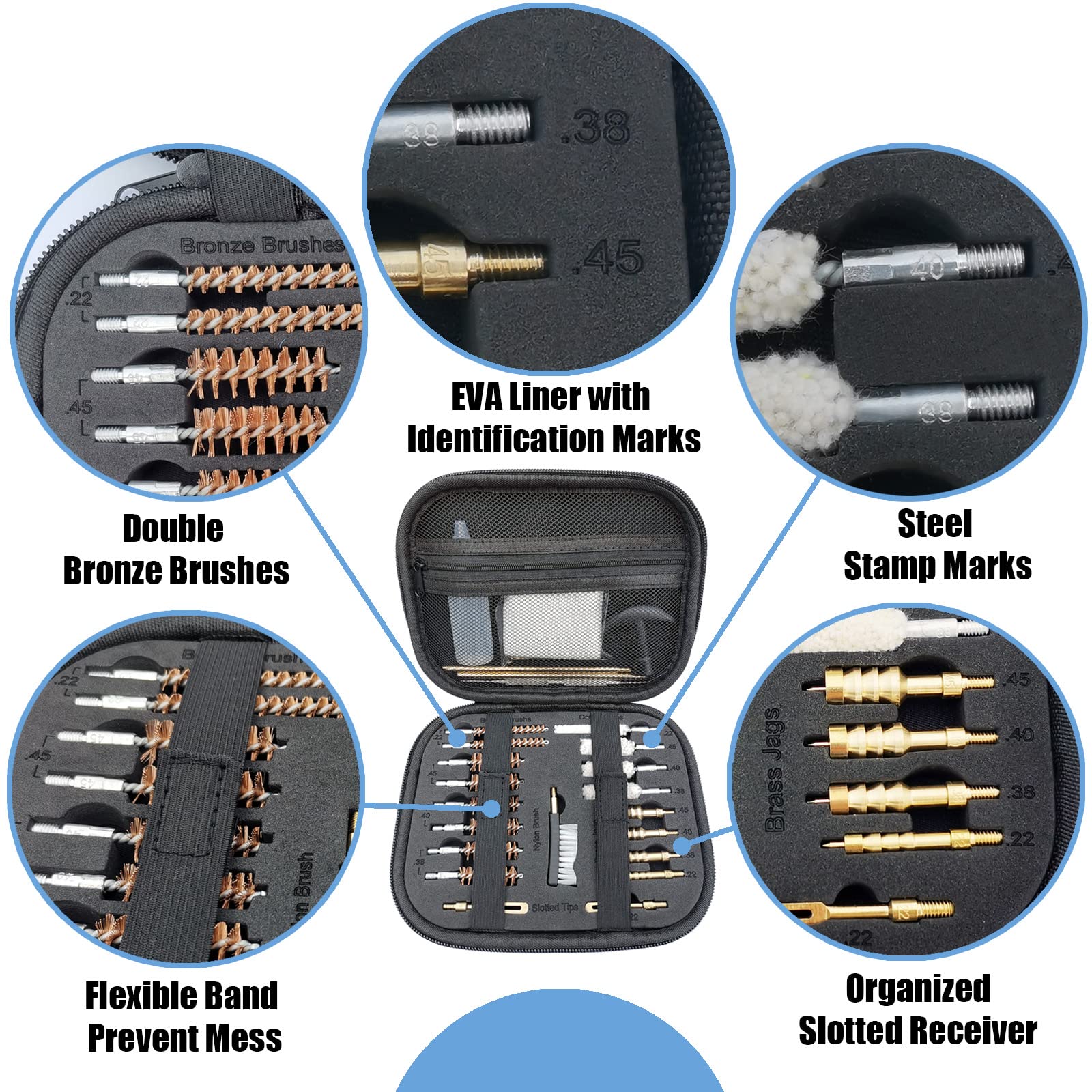 Angeebin Handgun Cleaning Kit for .22 .38/.357/9mm .40 .45 Caliber, Universal Pistol Gun Brush with Bronze Bore Brush, Brass Jag and Slotted Adapter (Set 26-Piece)