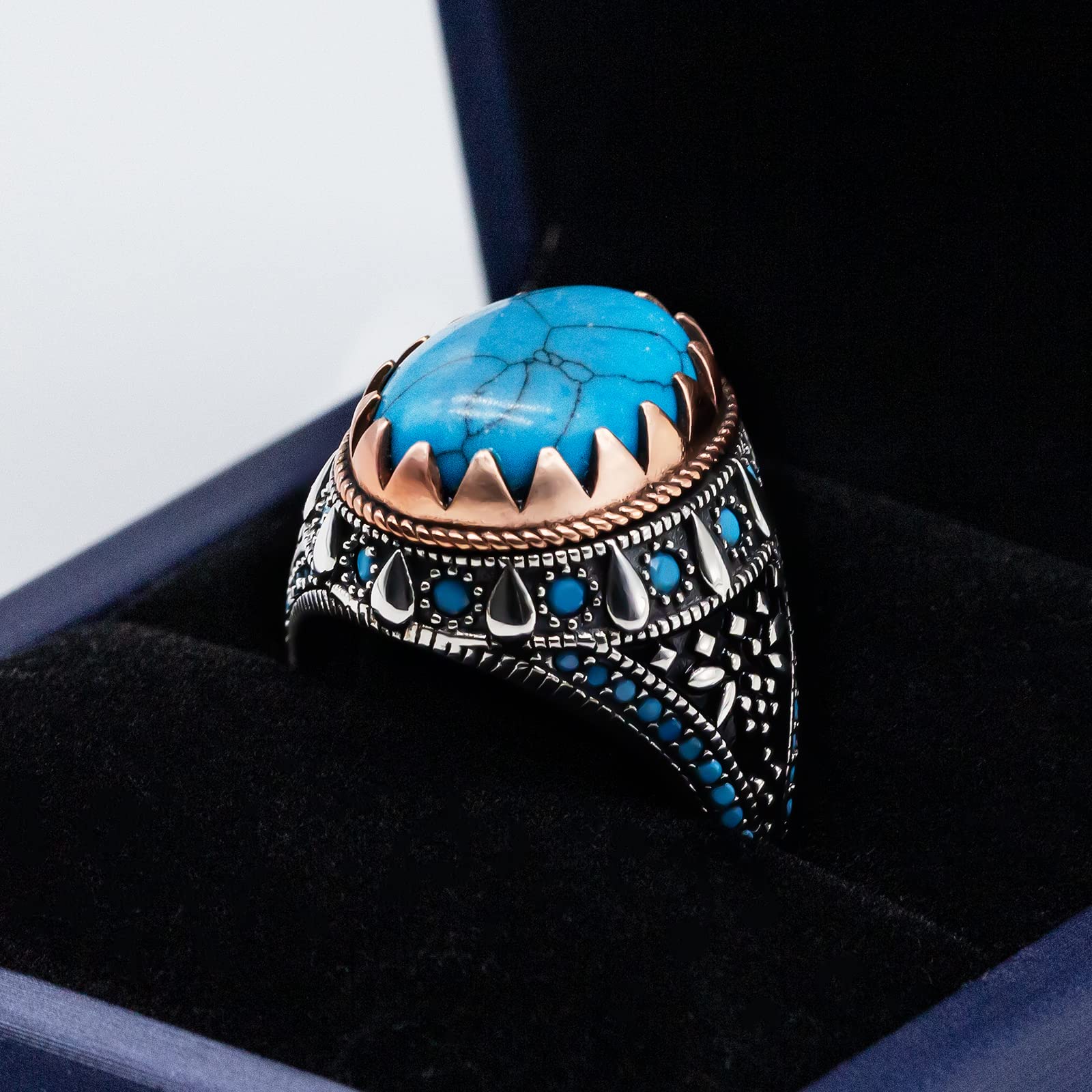 AROTOROM Turquoise Stone 925 sterling silver ring with Oval Sky Blue Stone Ring Life Track Significance Turkish Handmade Jewelry (Size 10)
