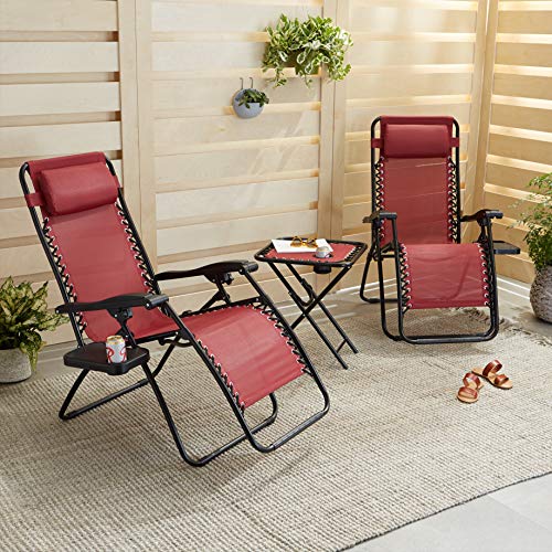 Amazon Basics Outdoor Textilene Adjustable Zero Gravity Folding Reclining 3-Piece Lounge Chair Set with Side Table, 37 x 10 x 26 inches, Red