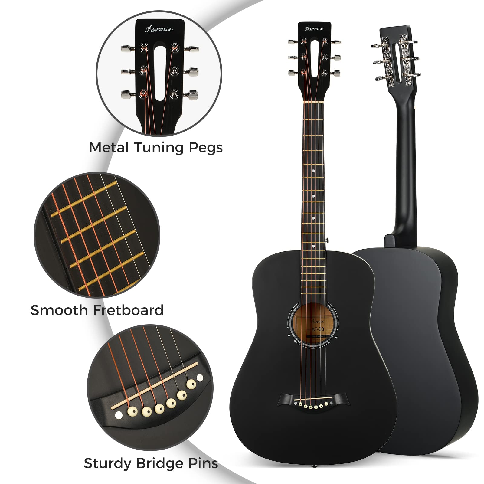 Asmuse 38 inch Acoustic Guitar Kit, Full Size Classical Acoustic Guitar 6 Strings with Gig Bag, Picks, Strap Accessories for Beginners Adults Teens (Black)