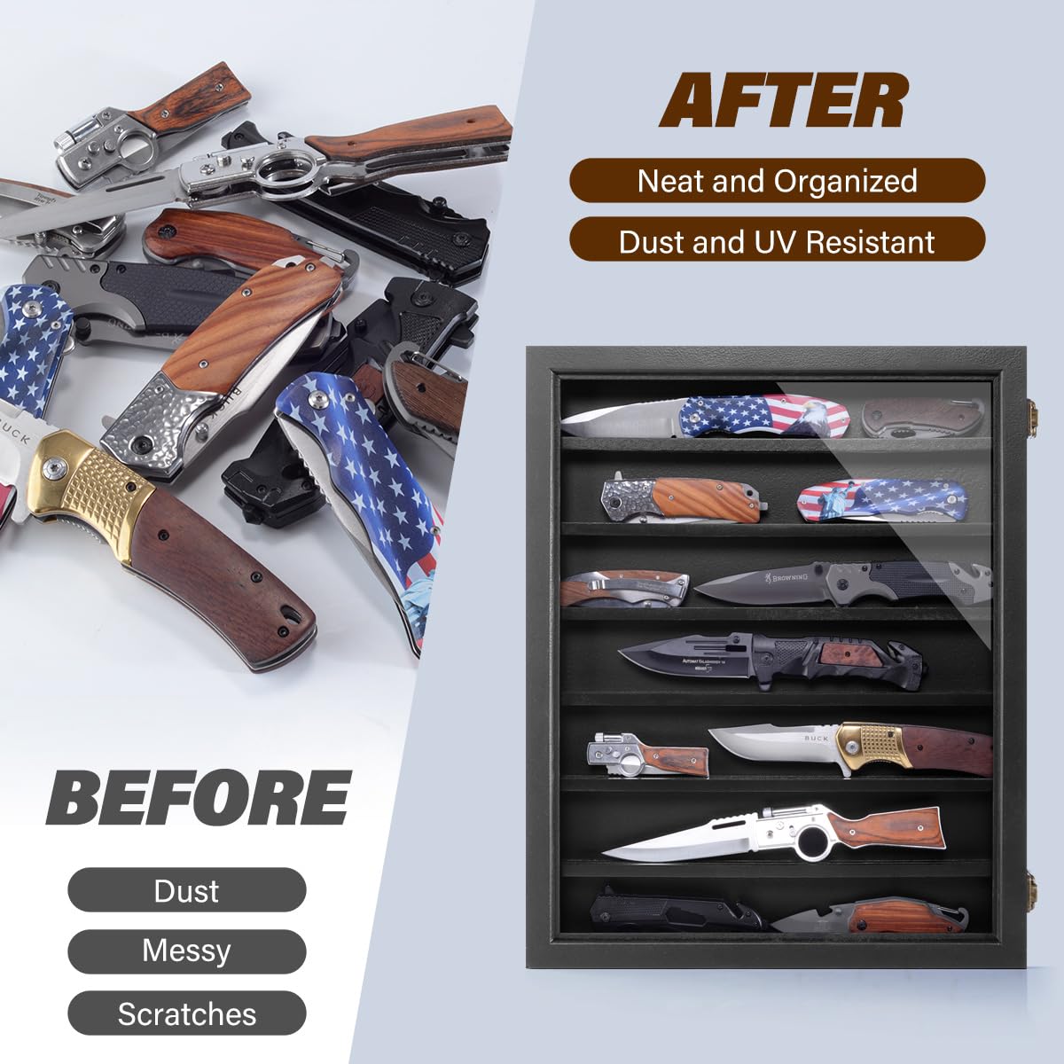 ULTRGEE Pocket Knife Display Case, Knife Collection Display Shadow Box for Wall Military Folding Knife Showcase Display Cabinet with Acrylic Panel and Removable Dual Recessed Shelves