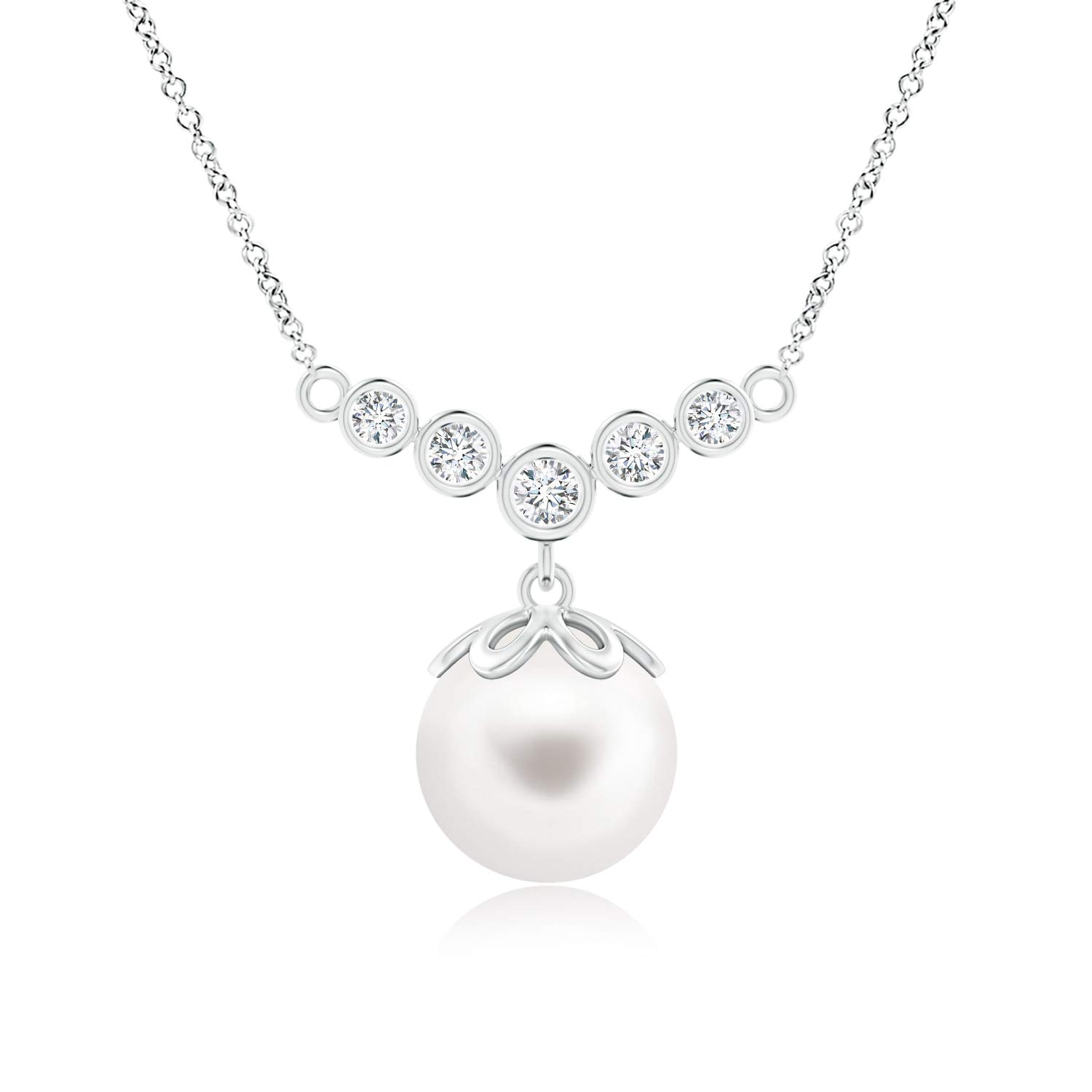 Angara Freshwater Pearl Necklace with Graduated Diamonds in Silver (8mm) - June Birthstone