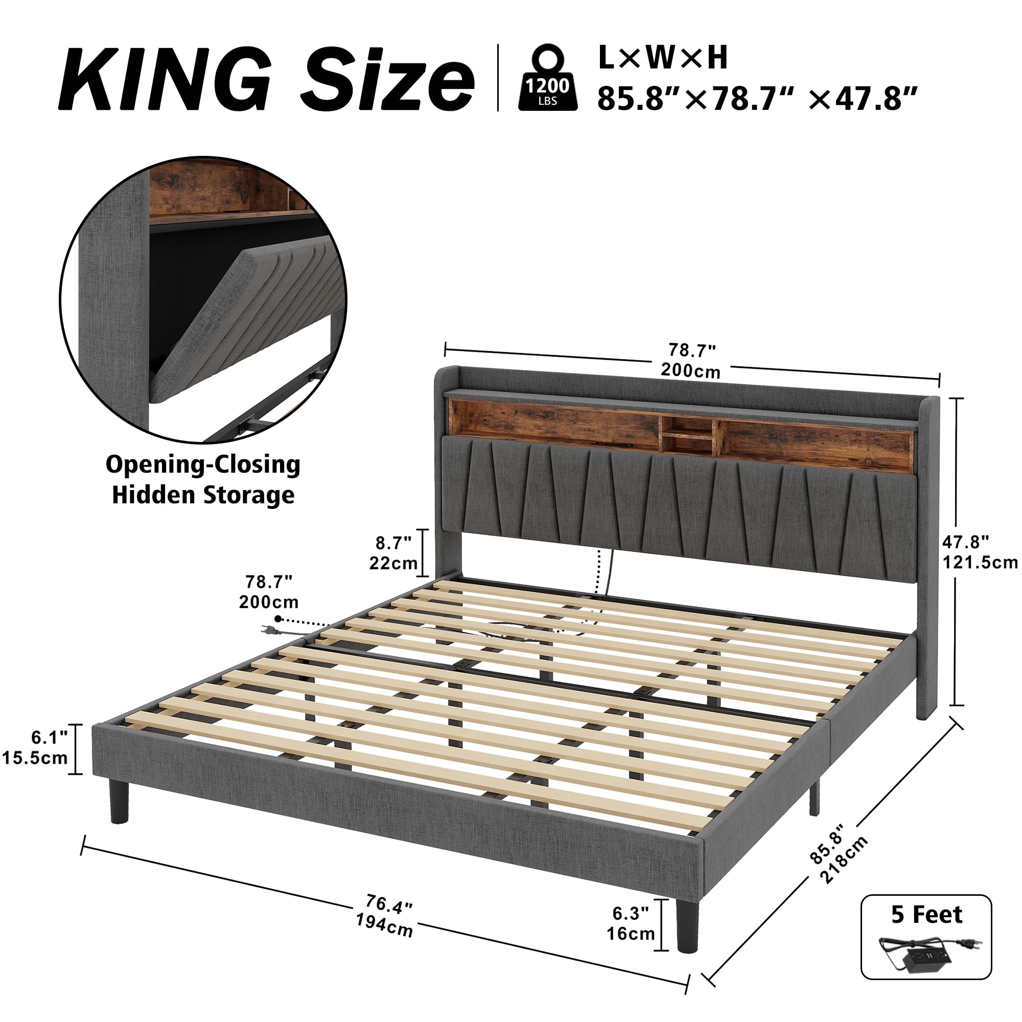 ANCTOR King Bed Frame with Charging Station, Fabric Upholstered Platform Bed King Size with Storage Headboard, Heavy Duty Steel Support Legs, No Box Spring Needed, Easy Assembly, Dark Grey