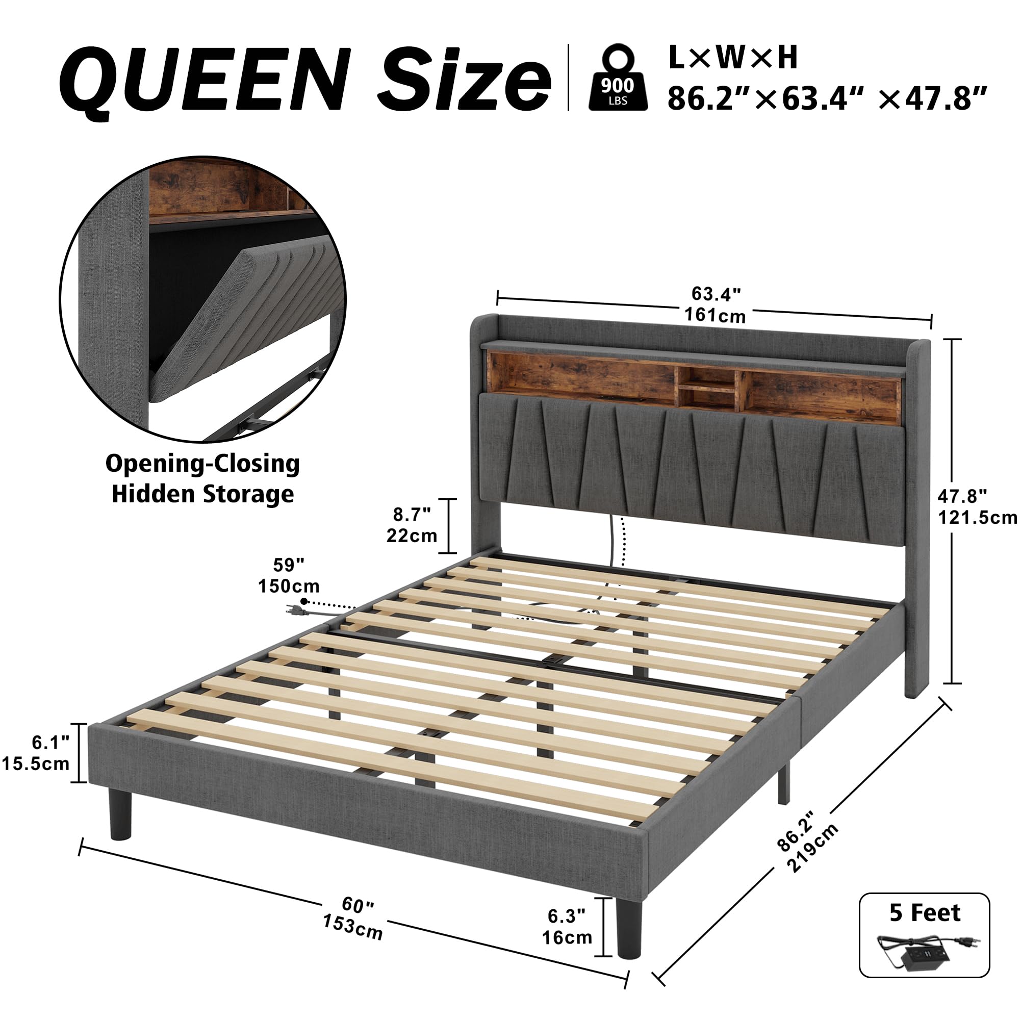 ANCTOR Queen Bed Frame with Charging Station, Bed Frame Queen Size with Storage Headboard, Upholstered Platform Bed with Heavy Duty Support Legs, No Box Spring Needed, Noise Free, Dark Grey