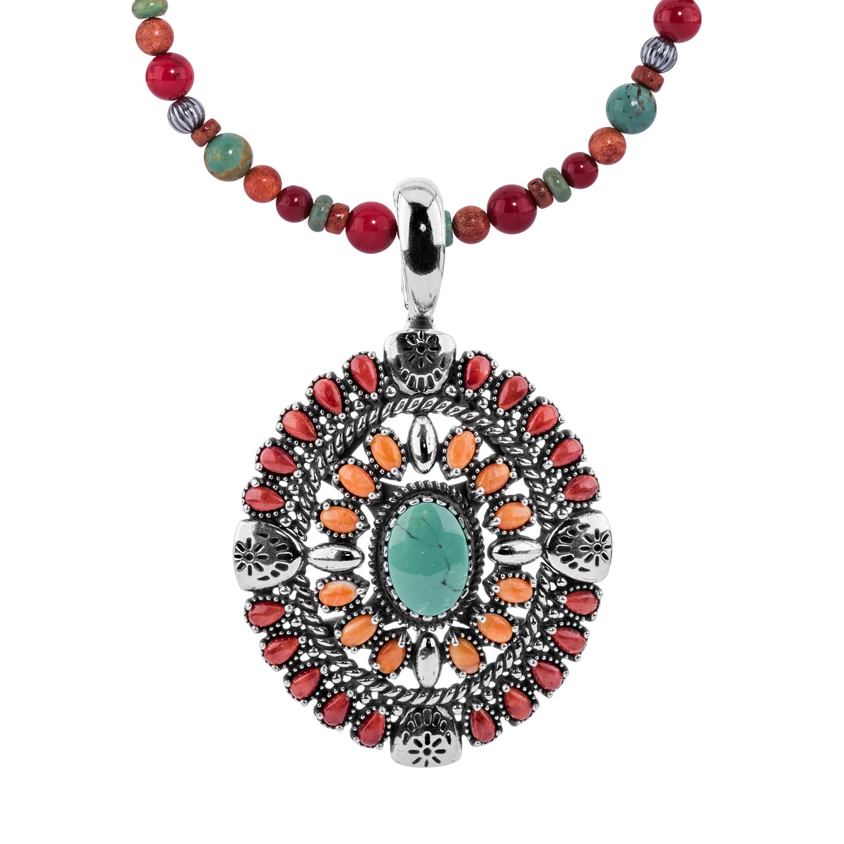 American West Sterling Silver Women’s Cluster Pendant Necklace Green Turquoise, Orange and Red Spiny Gemstone Beaded 17 Inch
