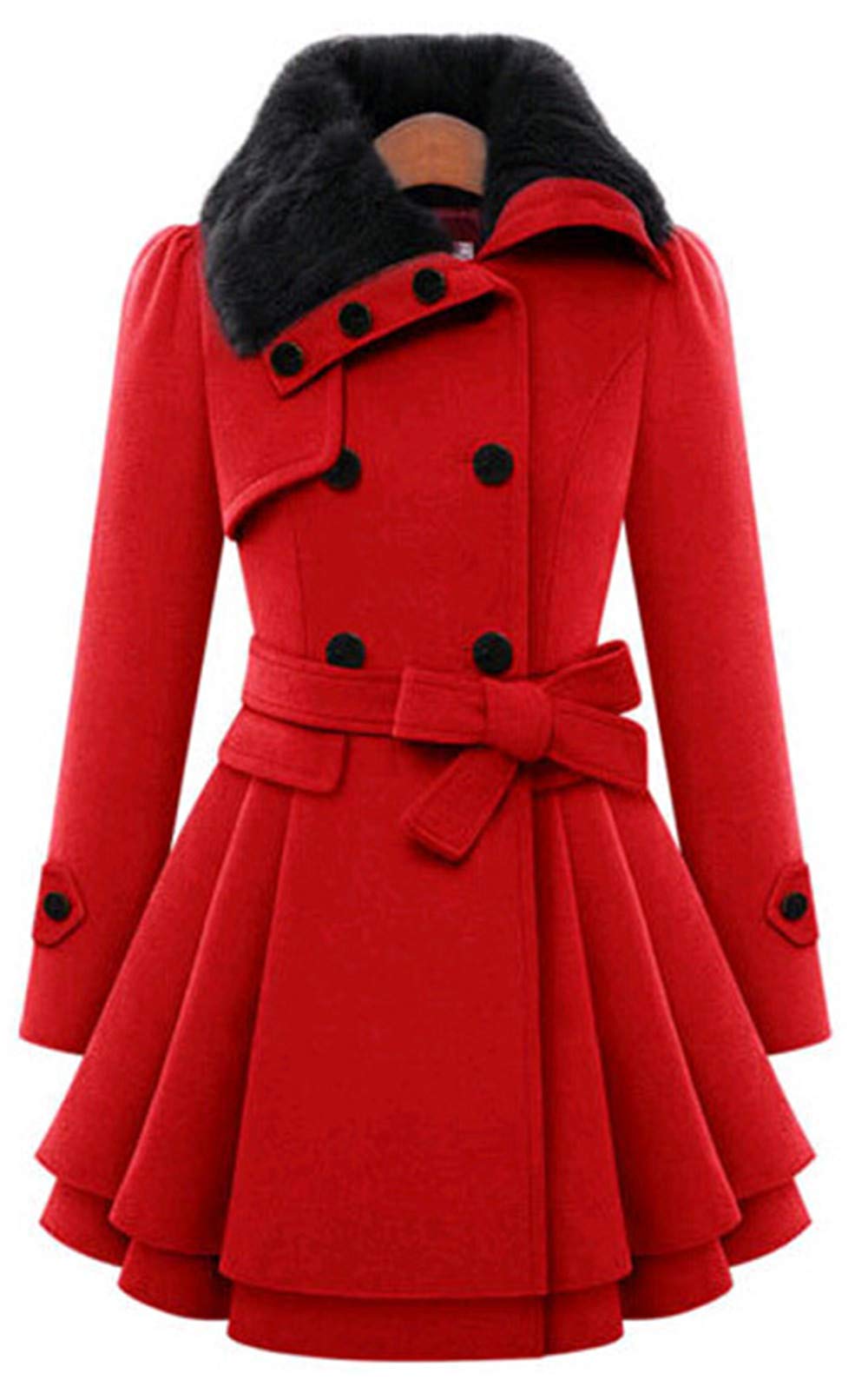 Andongnywell Women's Fashion Faux Fur Lapel Double-Breasted Thick Wool Trench Coat Jacket Double Breasted Woolen Coats (Red,Medium)