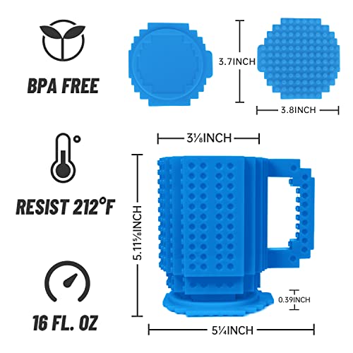 Fubarbar Brick Coffee Mug – Cool Novelty Cup with Lid, Straw & Building Blocks, Funny Xmas/Birthday Gift for Men, Women, Kids(Blue)