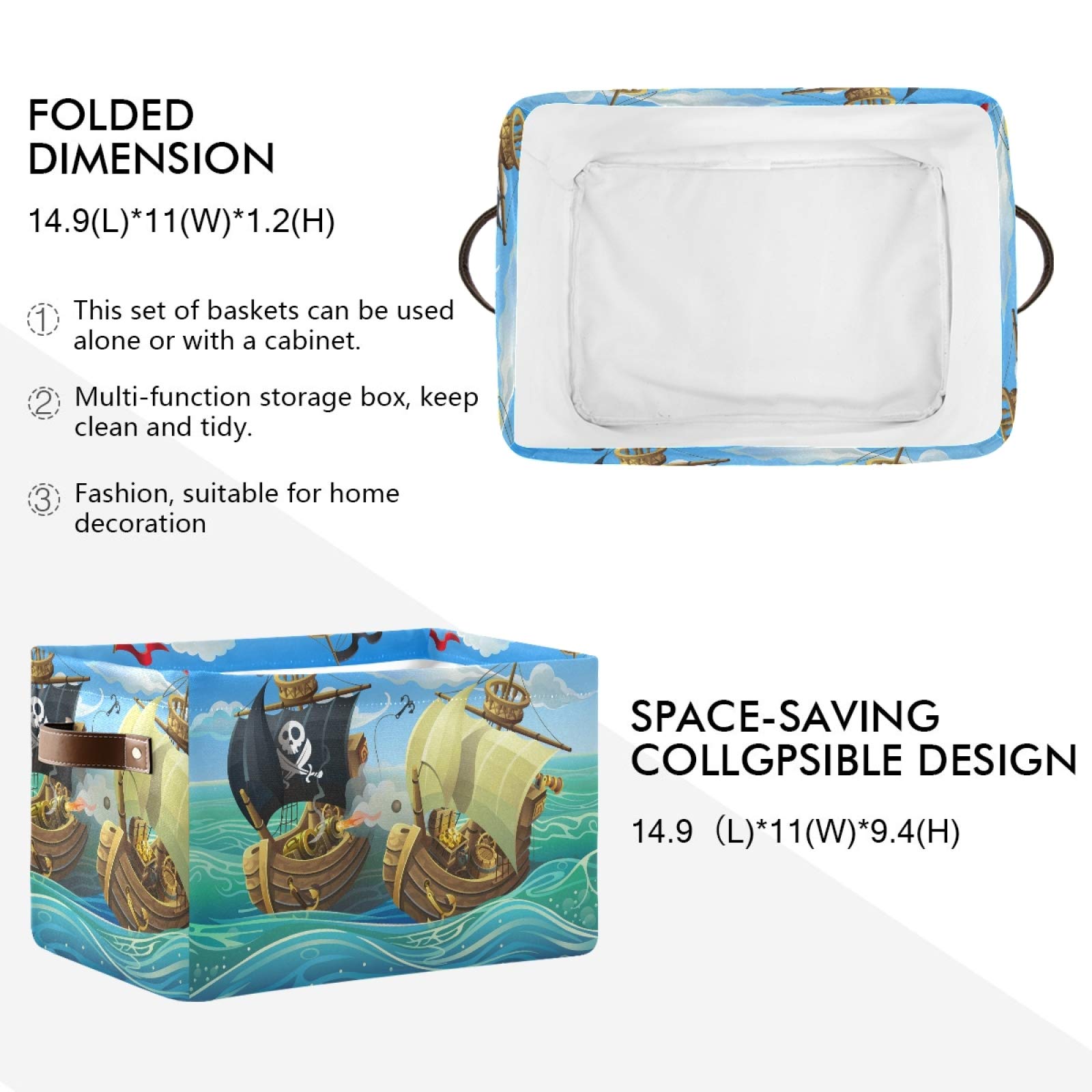 HANZHY Pirate Ship Large Fabric Storage Bins Foldable Cube Storage Bag Storage Basket with Handle for Closet Shelves Clothes Toys one size x 1