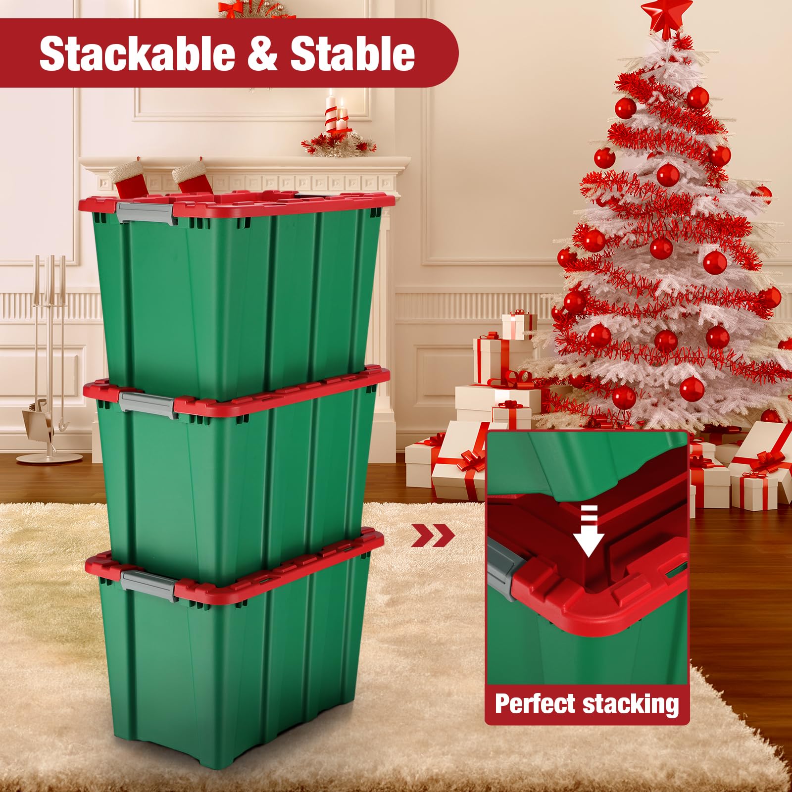 BROVIEW V12 16 Gal Heavy Duty Plastic Storage Bins with Lock Hole & Handle, Stackable Tough Tote Storage Box Containers with Latching Lids for Christmas Holiday Ornament (Green Base/Red Lid, 4 Pack)