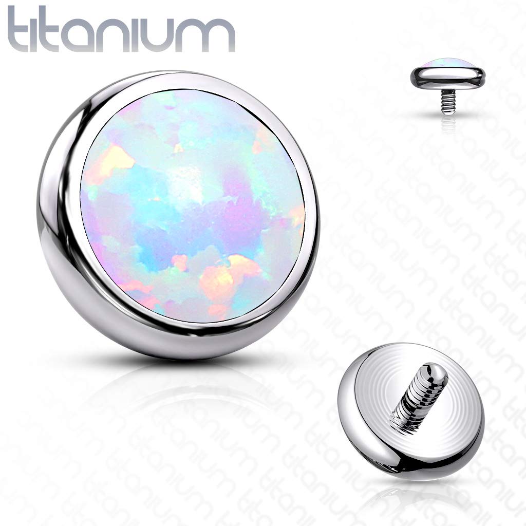 Amelia Fashion 14 Gauge Implant Grade Titanium Internally Threaded Tops Opal Flat Bezel Set for Dermal, Barbell, Labret and More (Opal White - 14GA (1.6mm) - Ball: 4mm)