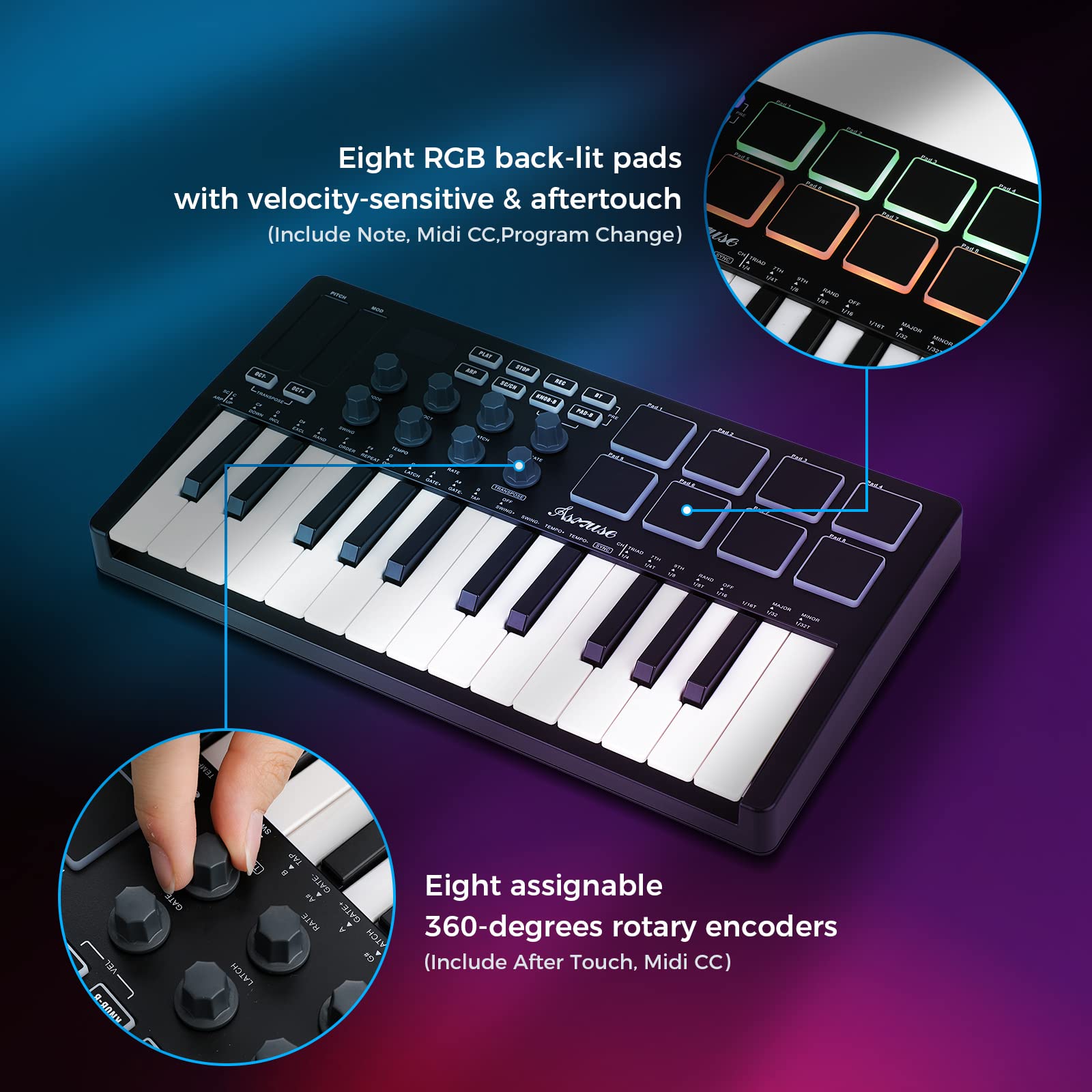Asmuse Wireless MIDI keyboard, 25 Keys USB MIDI Controller Keyboard with Bluetooth, Professional Mini MK3 with Beat Pad, Knobs and Keys (Black)