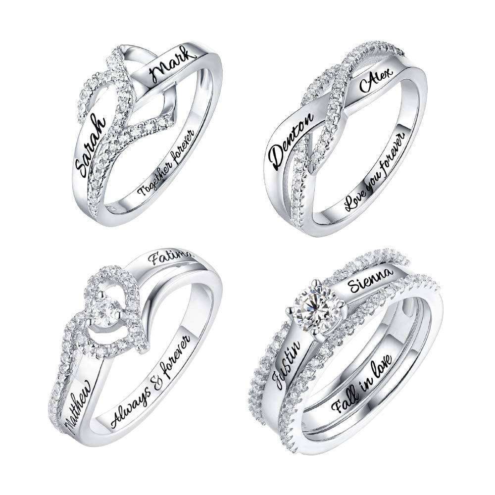 AILIN Personalized Twisted CZ Promise Rings with Name Engraved 925 Sterling Silver Wedding Bands Gift for Women Mother's Day Engagement Jewelry Square Heart Shape