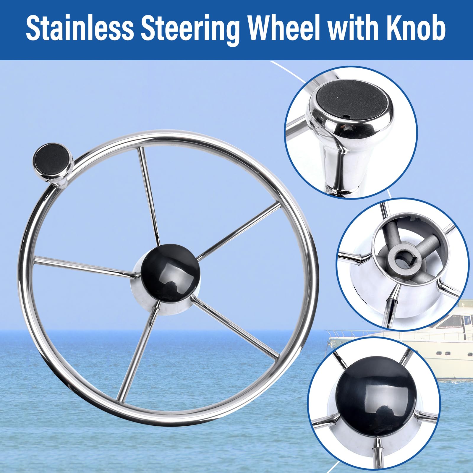 Amarine Made Destroyer Style Stainless Boat Steering Wheel, Marine Steering Wheel 5 Spoke 13-1/2 Inch, Stainless Steering Wheel with Big Size Knob