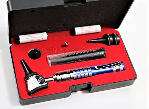 New Incredible Stainless Steel 3.2V Pro LED Otoscope Set w/Hard Case + Free Batteries+1 Bulb (Blue)