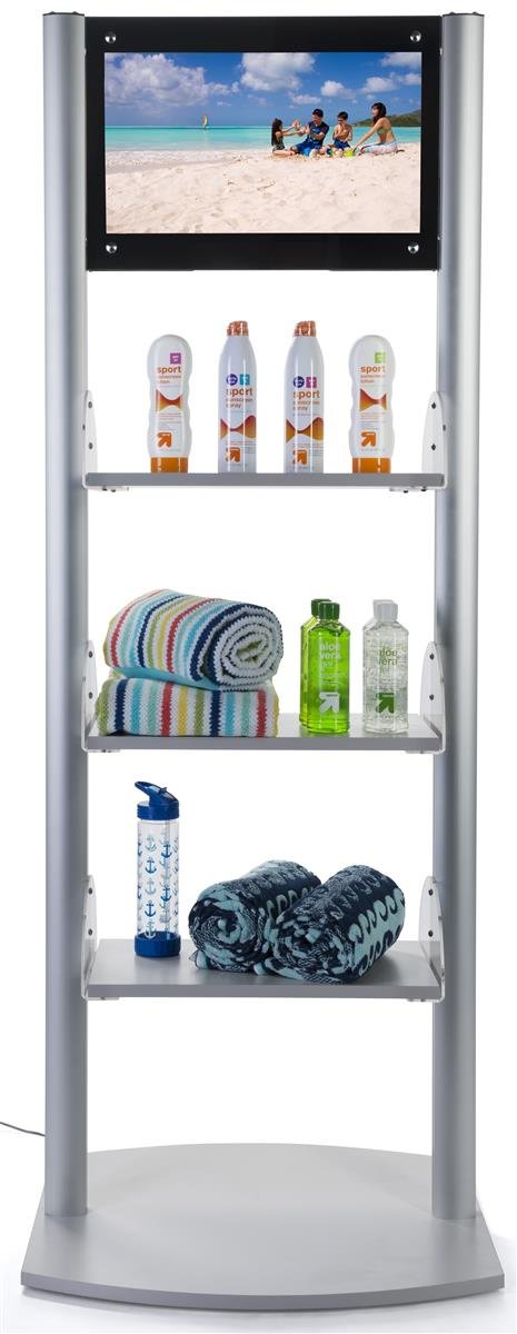 Displays2go 73.25”h Aluminum Tiered Digital Display with 3 Adjustable Shelves and 21.5” LCD Screen – Silver (DRS21SV)