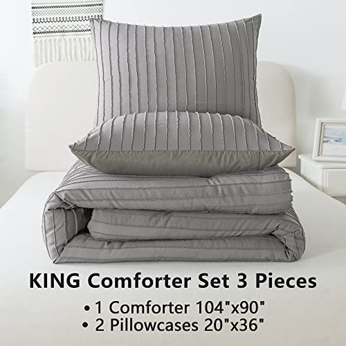Andency Grey Comforter Set King Size, 3 Pieces Boho Tufted Bed Comforter Set, Soft Lightweight Microfiber Bedding Set for All Seasons
