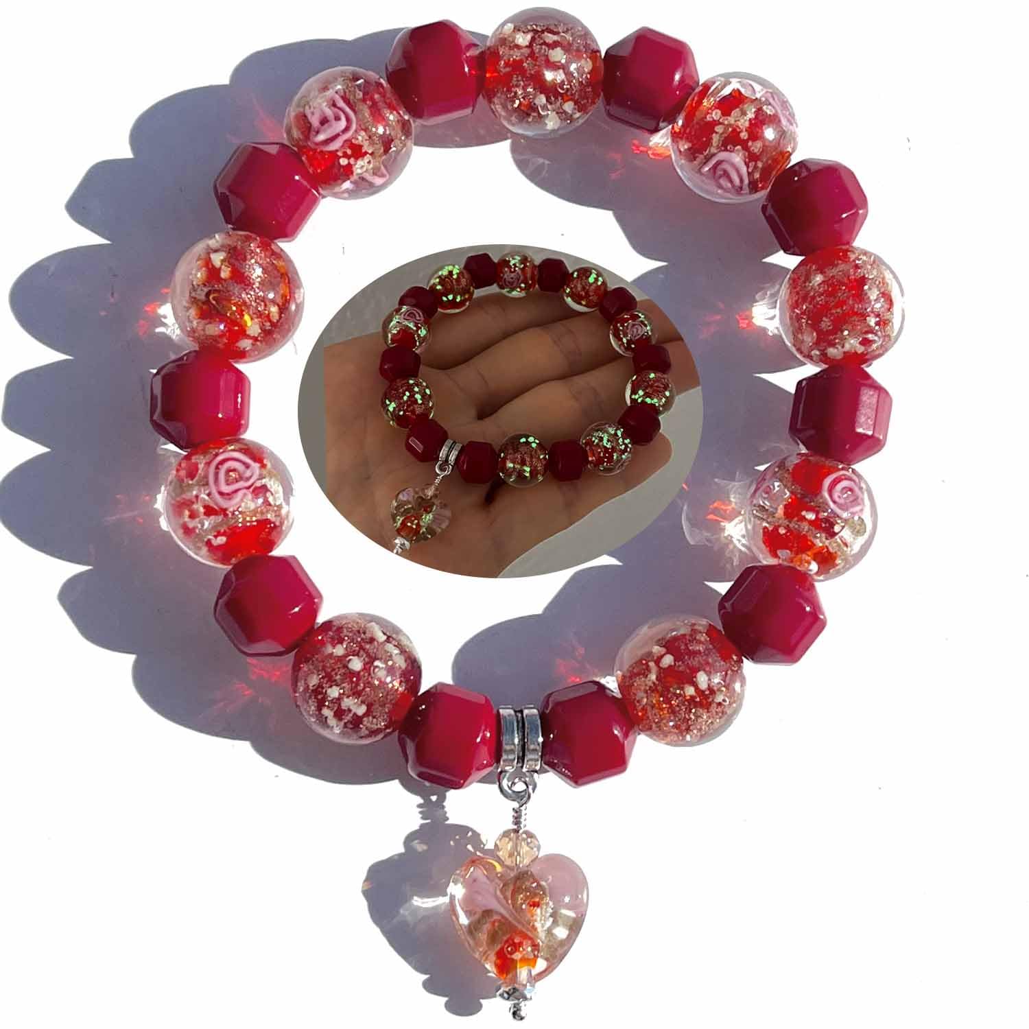 ARTSY Crafts Glow in the Dark Glass Beads with Natural Gemstone Beads Charm Bracelets, Crystal Healing Stones Firefly Beads Bracelet for Men Women Love Calming Anxiety Chakra Spiritual Gifts, Quartz