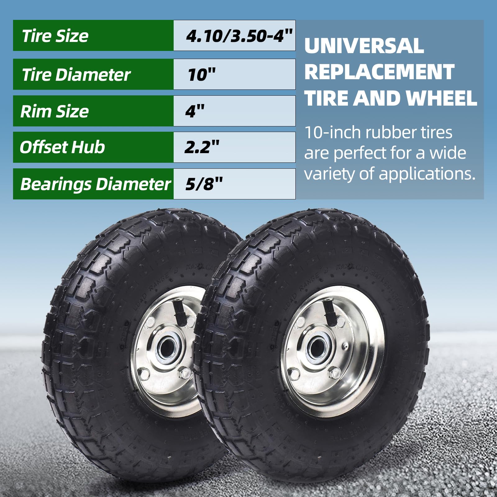AR-PRO (2 Pack) 4.10/3.50-4 Tire and Wheel, Replacement Pneumatic Tires 10-Inch Wheel with 5/8" Bearings and 2.2" Offset Hub, Compatible with Hand Truck, Wheelbarrow, Wagon, Gorilla Carts