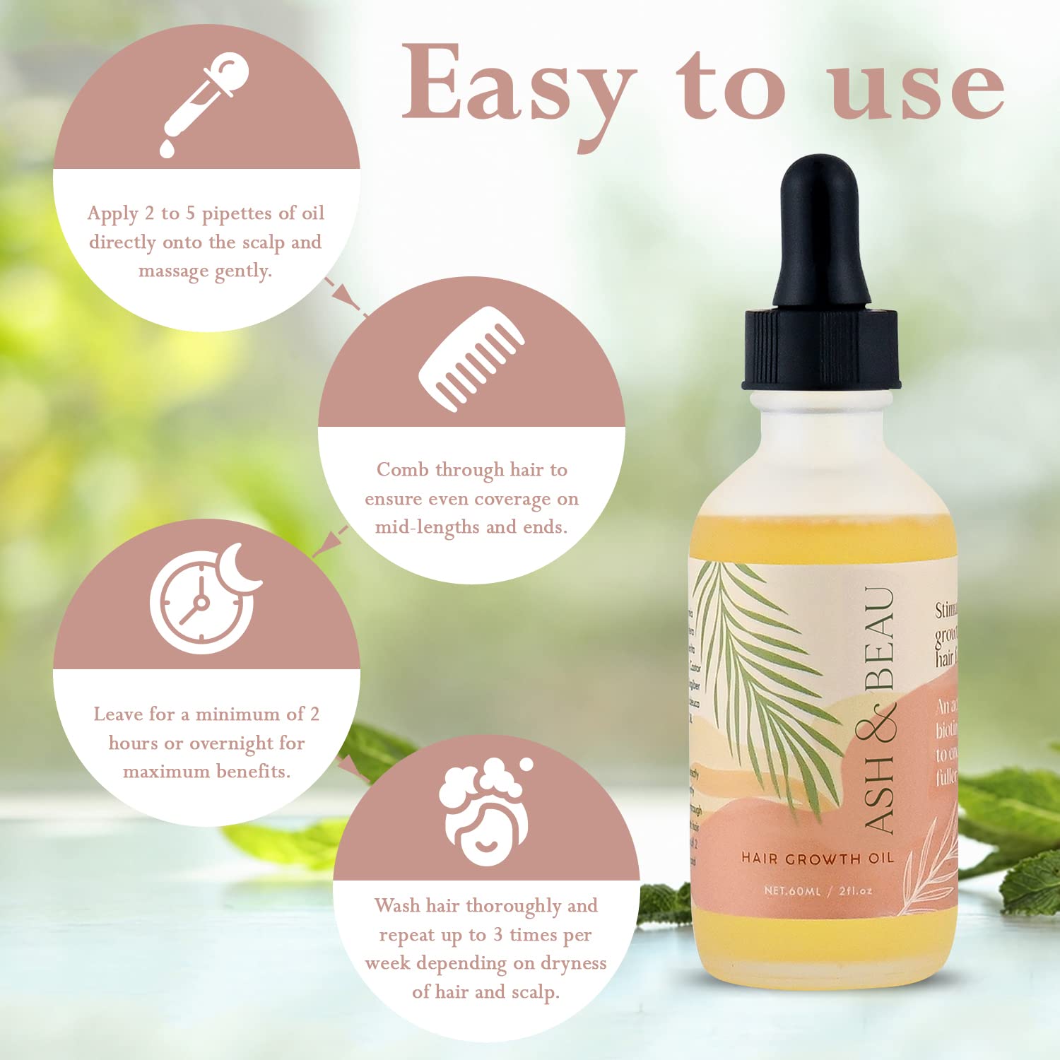Ash & Beau Hair Growth Oil with Biotin, Rosemary, Castor, Tea Tree, Ginger - Growth Treatment That Promotes Thicker, Longer & Stronger Hair (60ml)