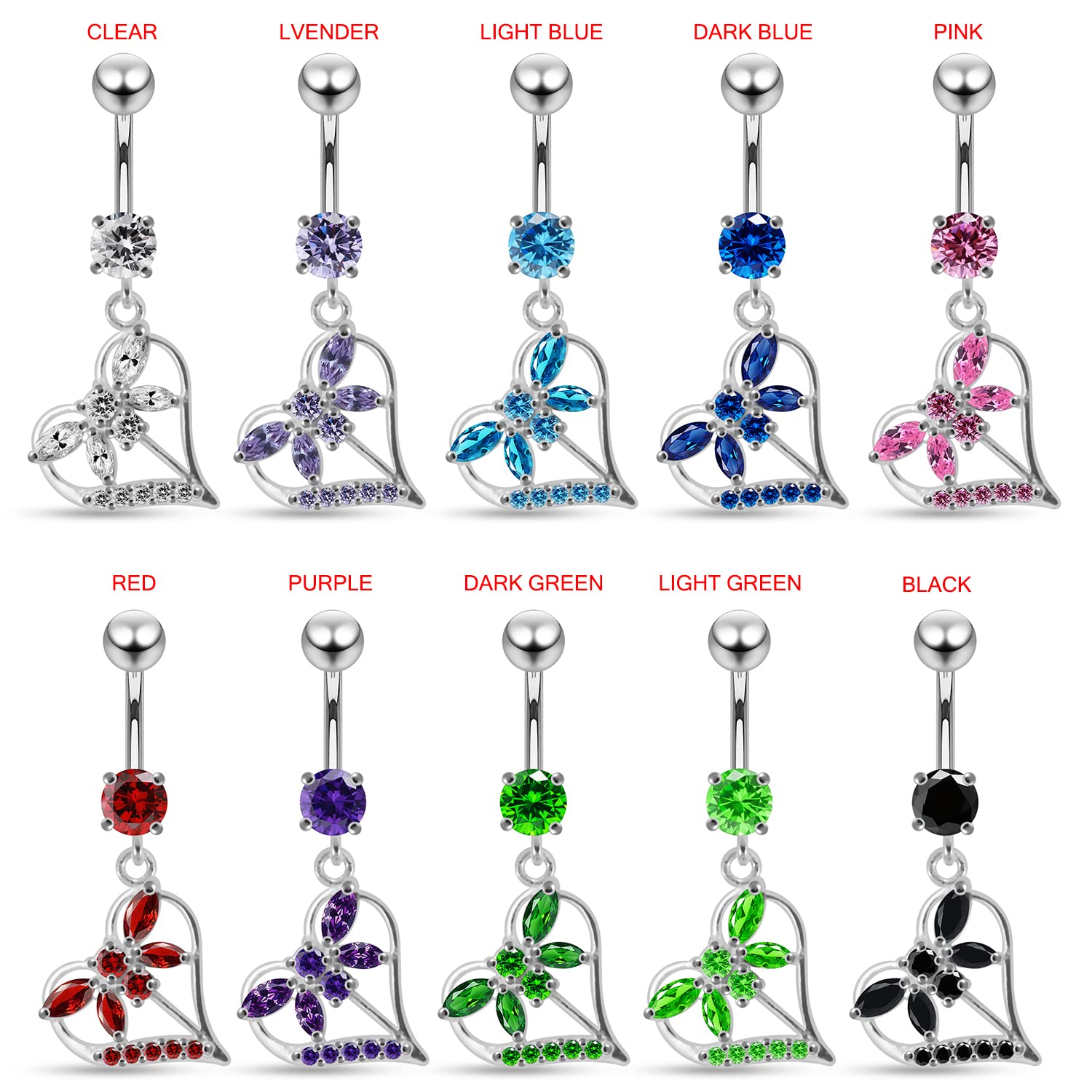 AtoZ Piercing Peridot Green CZ Stone Dragonfly in Heart Dangling 925 Sterling Silver Belly Button Ring Jewelry
