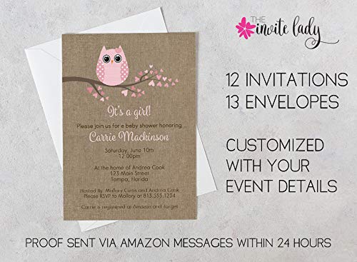 Owl Baby Shower Invitations Baby Girl Pink Burlap Kraft Country Shabby Chic Barn Hoot Custom Printed Invites (12 Count)