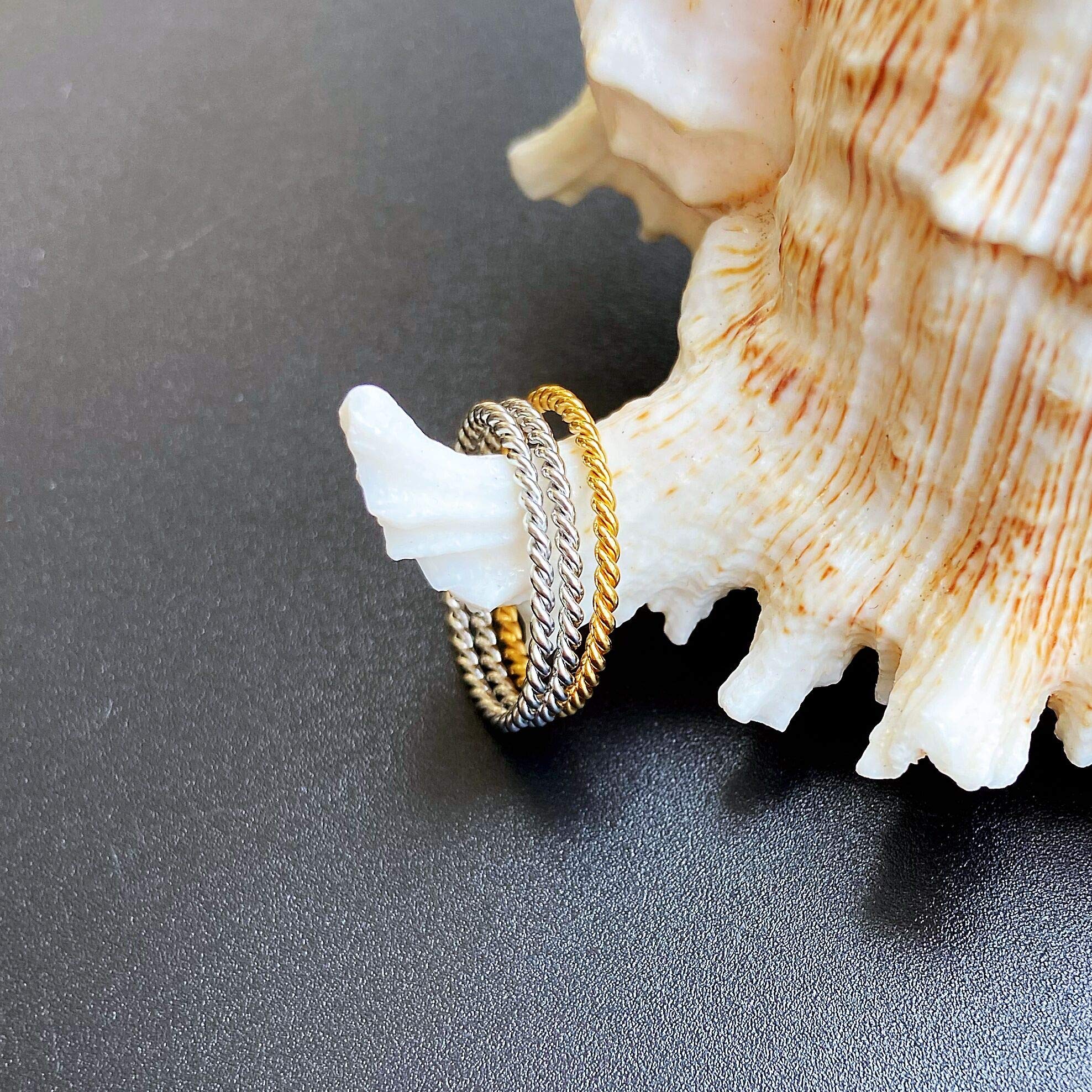 ailov 1.3mm Thin Twisted Rope Ring Stackable set of 3 Skinny Braided Shrimp Textured Stacking Ring Gold-plated (Gold, 8)