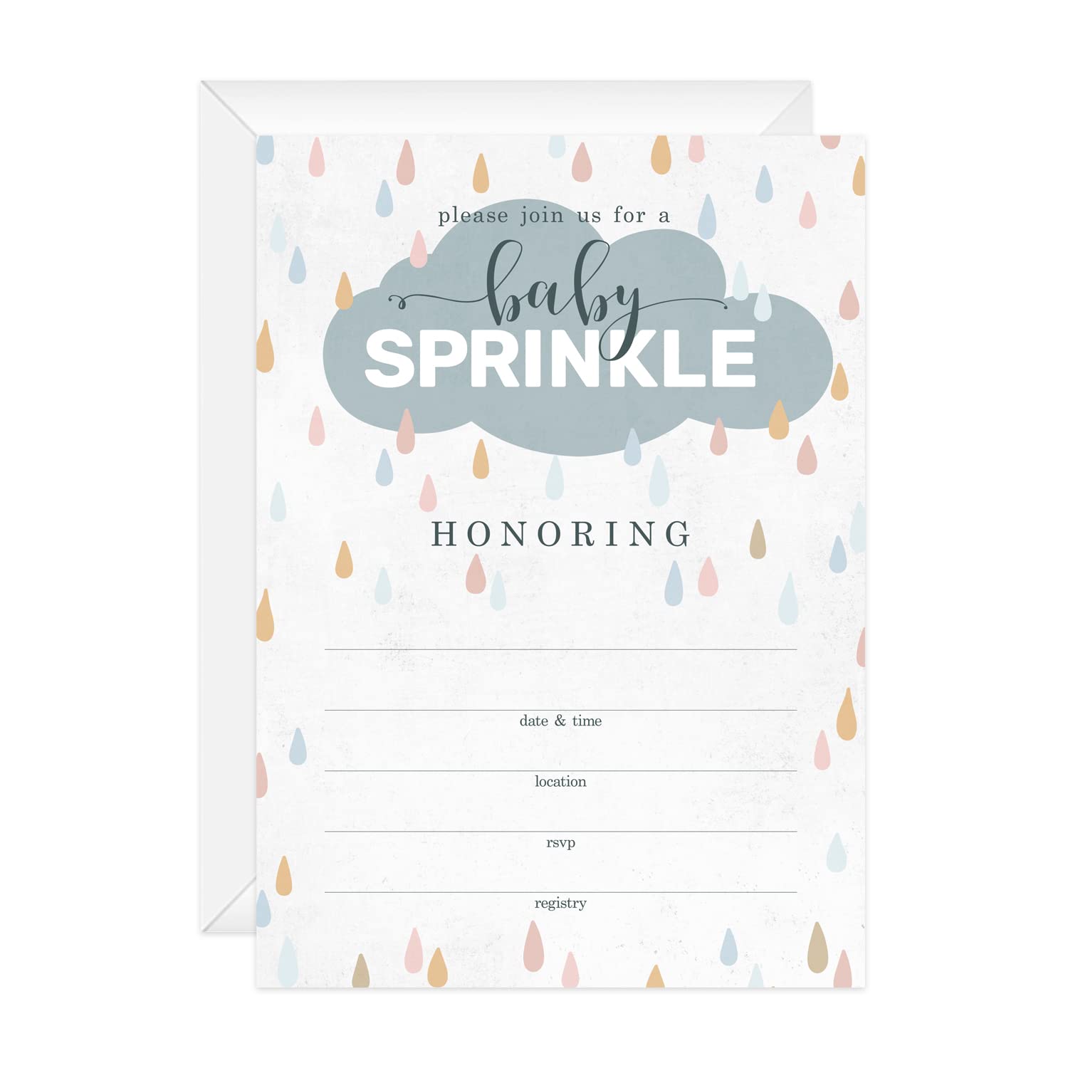 Canopy Street Raindrops Baby Sprinkle Invitations / 25 Fill In Baby Shower Cloud Invites / 5" x 7" Flat Modern Rainbow Baby Shower Party Invitation/Made In The USA