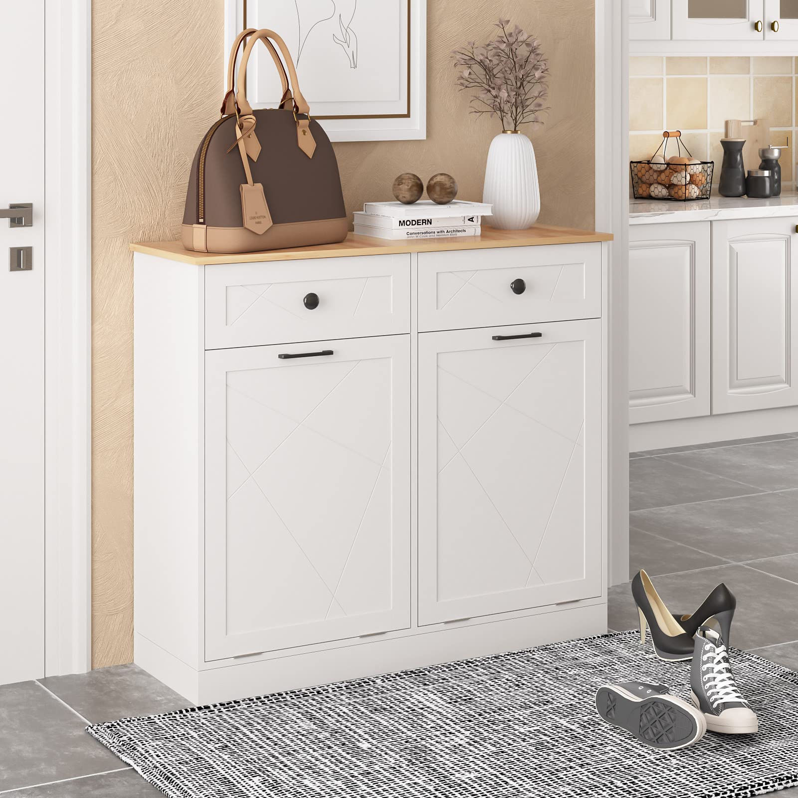 Vabches Trash Cabinet Double Trash Can, Dog Proof Tilt Out Trash Bin Holder, Hideaway Free Standing Recycling Cabinet with 2 Drawers for Kitchen Living Room White