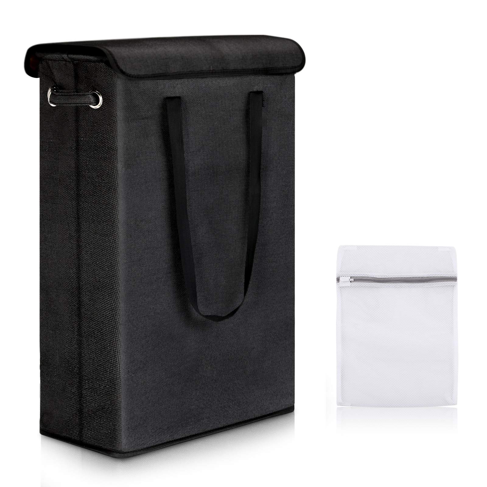 Slim Laundry Basket with Lid, Tall Thin Laundry Hamper with Handles, Waterproof Lining Narrow Dirty Clothes Hamper for Bathroom Bedroom Dorm Nursery Organization Storage (45L, Black)