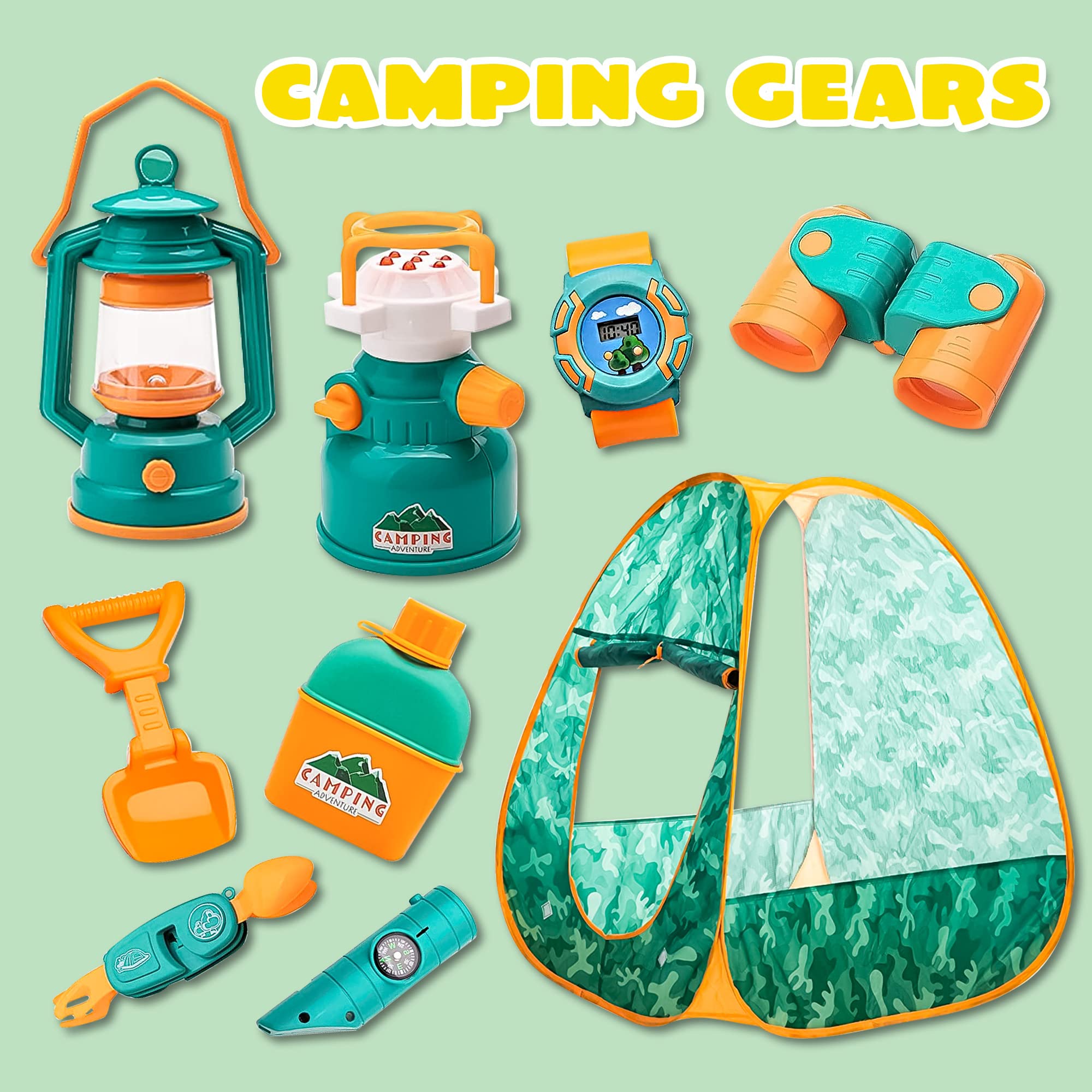 JOYIN 41Pcs Kids Camping Tent Set with Kids Camping Gear, Camping Set Includes Kids Tent, Oil Lantern, Food Toys, Binoculars, Flashlights, Compass and More, Pretend Play Camp Gear Tools for Christmas