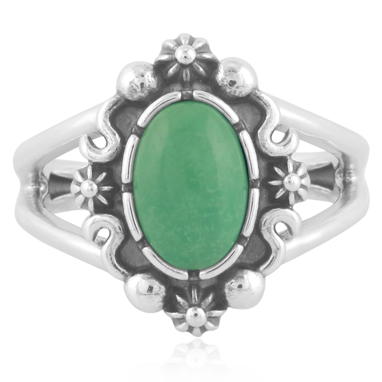 American West Sterling Silver Women's Statement Ring Green Turquoise Gemstone Flower Swirl Oval Design Size 8