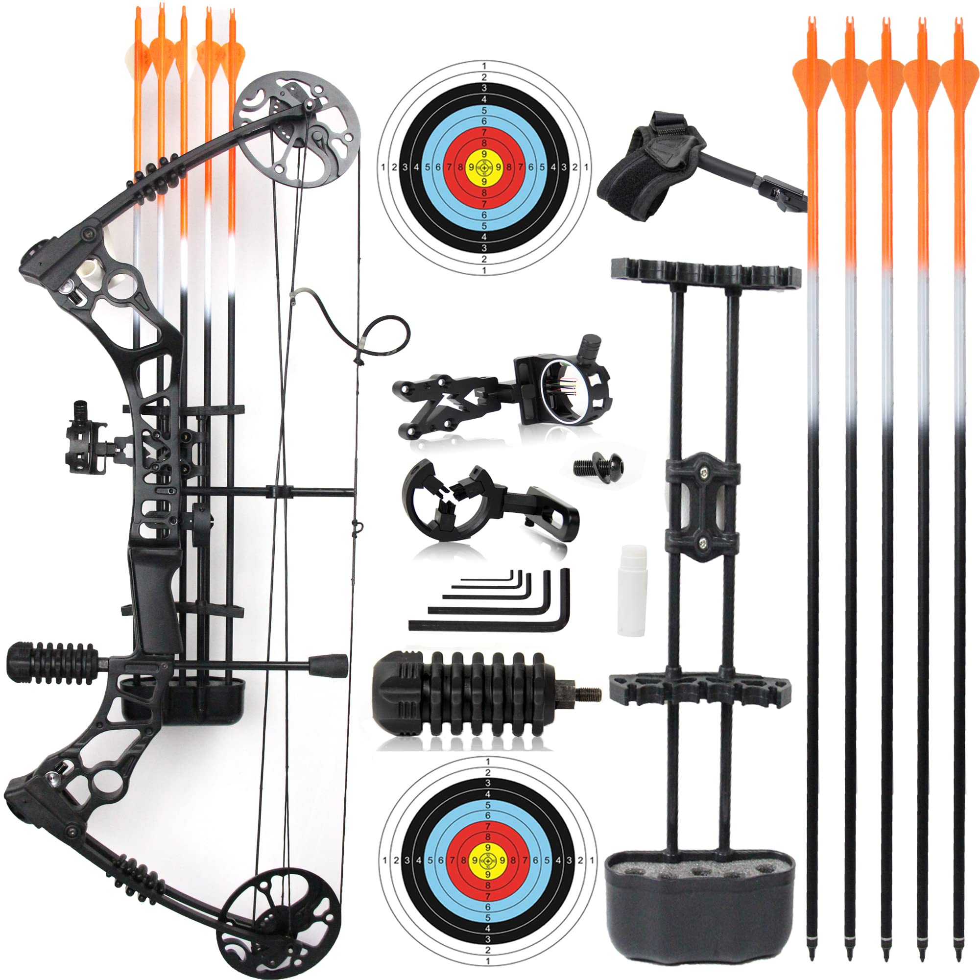 Archery Compound Bow and Arrow for Adults and Youth,Bowfishing and Hunting Bow Set, 320 fps,18"-30" Draw Length,35-70 Lbs Draw Weight, Package with Archery Hunting Equipment Black