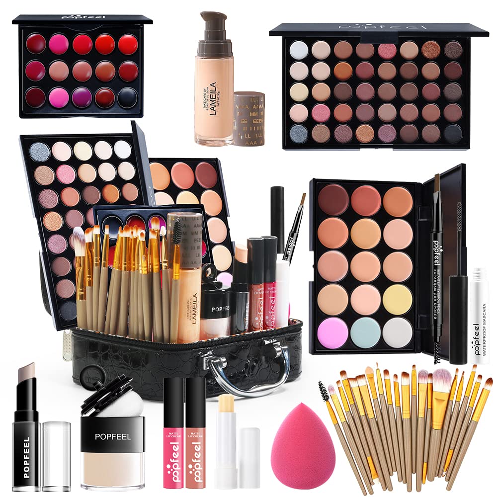 All-in-one Holiday Makeup Gift Set | Makeup Kit for Women Full Kit SilverPortable Makeup Case Lipstick, Lip Gloss, Eye Shadow, Mascara, Blush, Lip Pencil, Brush, etc Carry All Trunk Makeup Set Makeup Kit for Women Full Kit (BL-40)