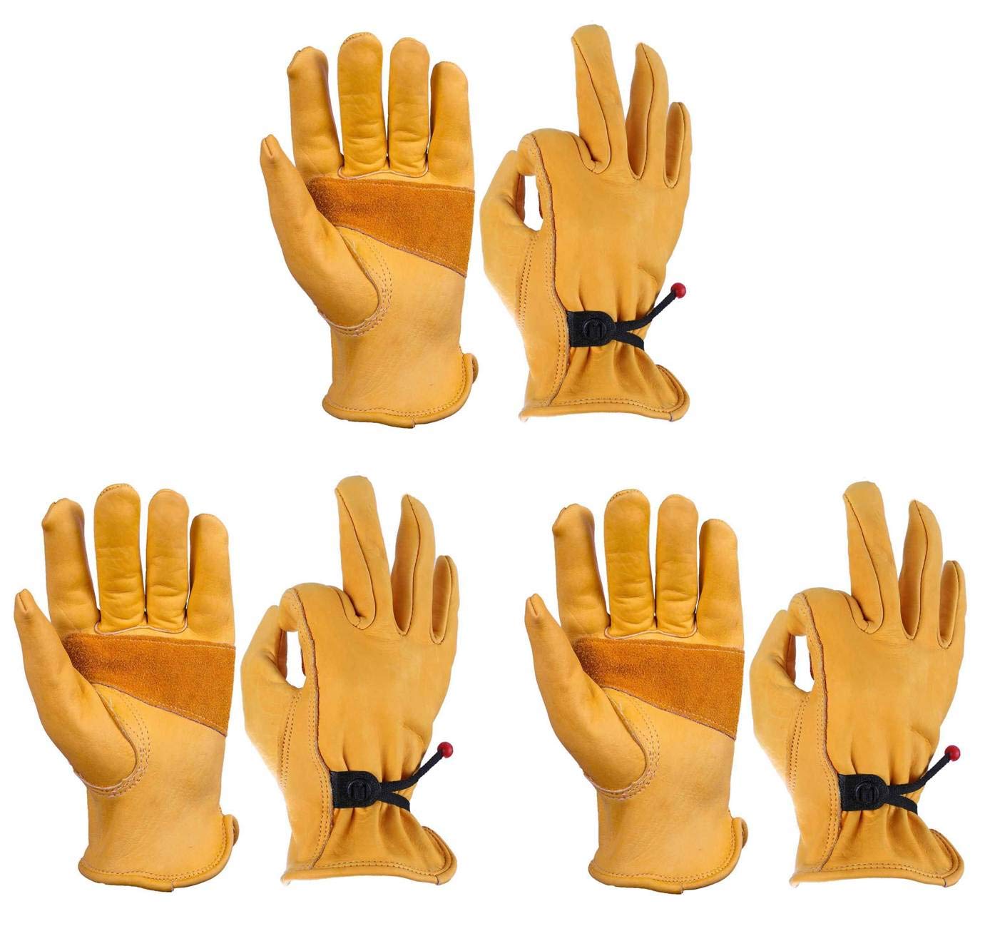 OZERO Leather Work Gloves for Men: Medium 3 Pairs Cowhide Leather Working Gloves for Driving Heavy Duty Mechanic Ranch - Women Gardening Leather Glove