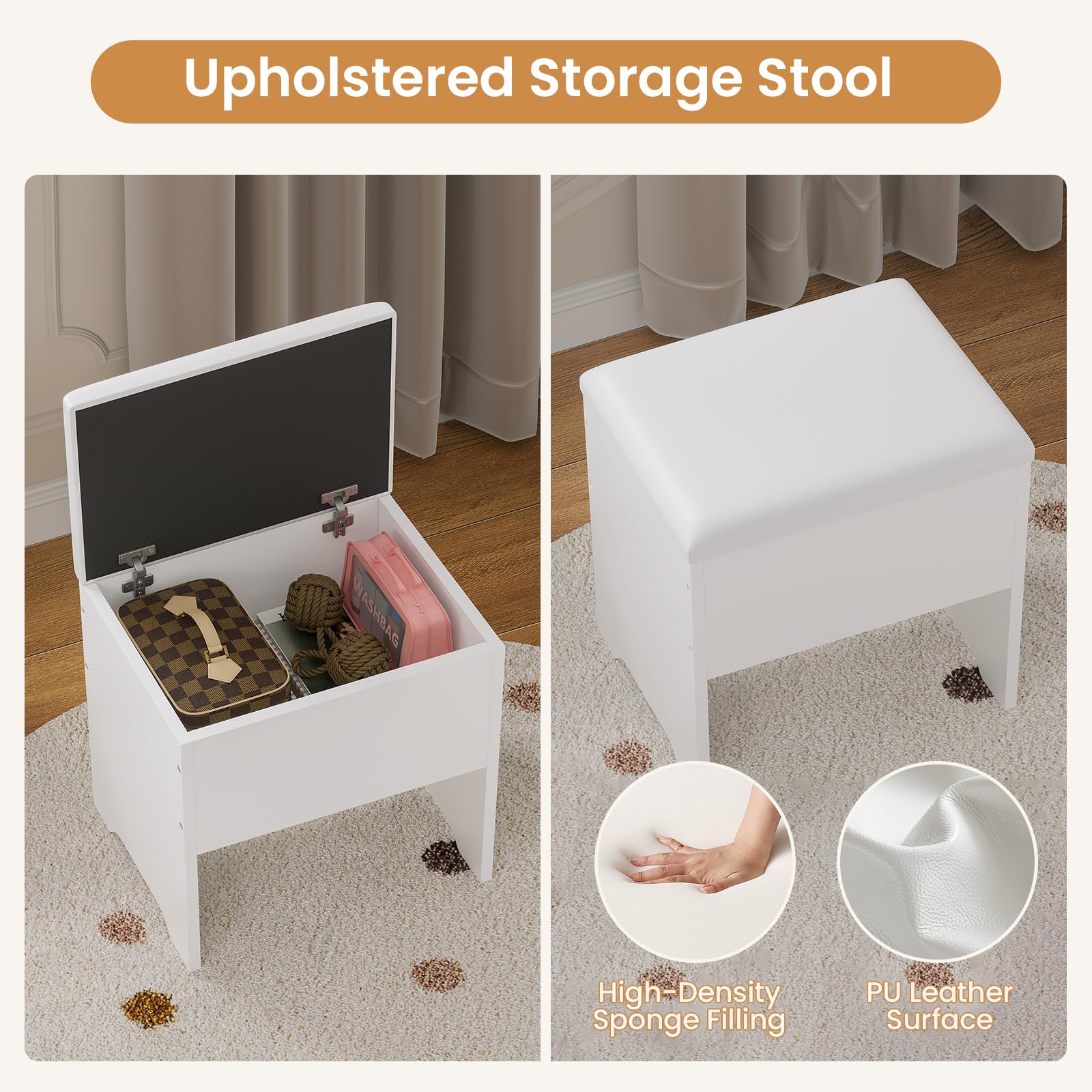BTHFST Corner Vanity with Tri-Fold Mirror & Cushioned Storage Stool, Makeup Vanity with Charging Station, Vanity Desk with Mirror and Lights, Makeup Table with Drawers, Shelves, Black
