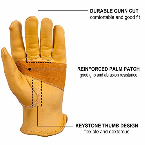 OZERO Leather Work Gloves Flex Grip Stretchable Tough Cowhide Work Gloves 1 Pair (Gold, Medium)