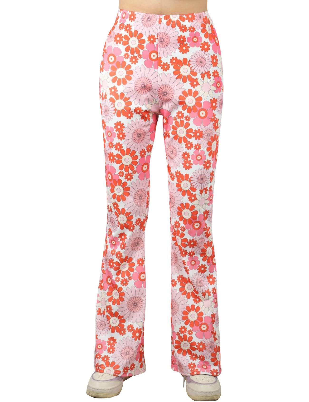 Arssm Boho Flare Pants 70s High Waist Flowerl Print Wide Leg Yoga Hippie Pants(Pink-L)