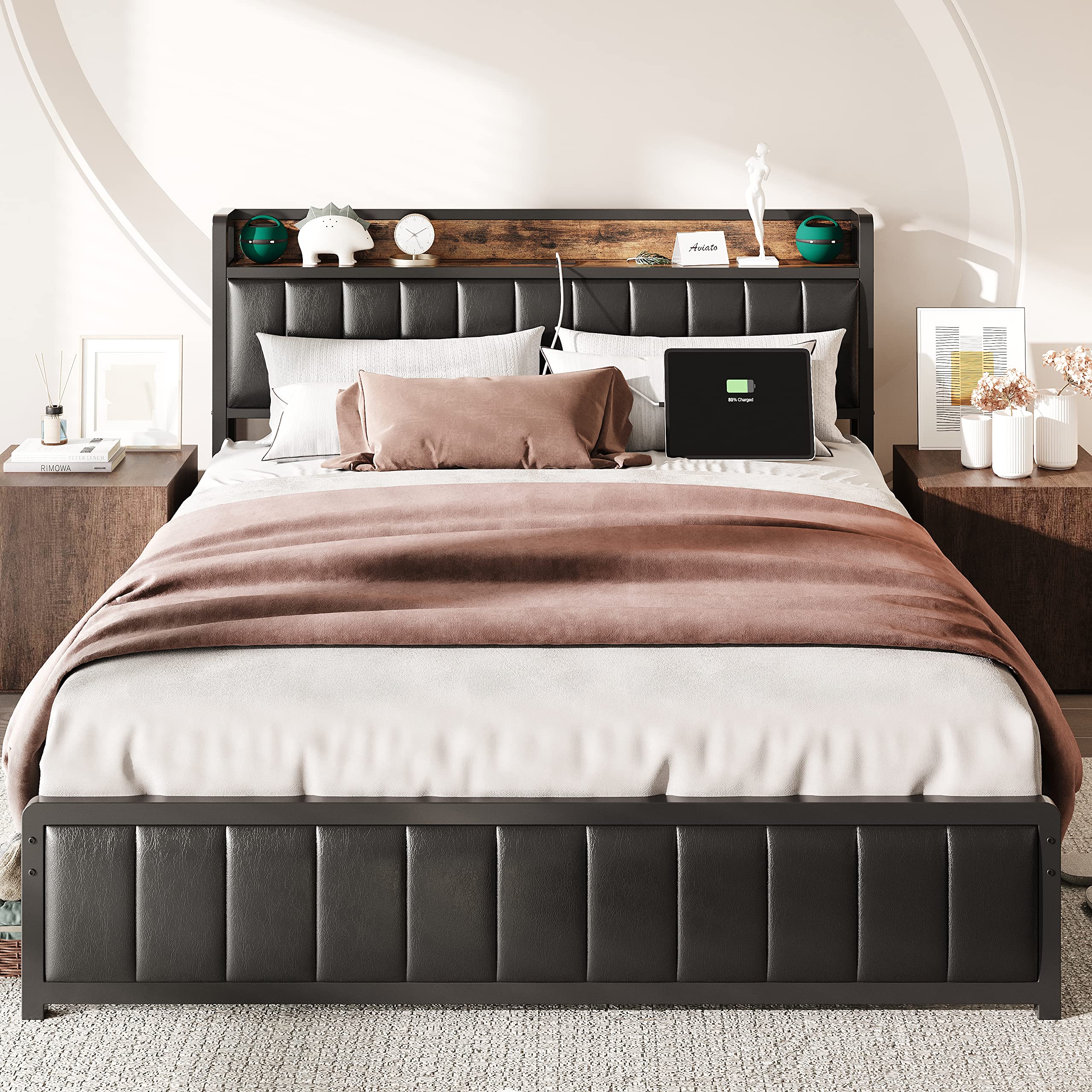 ANCTOR Queen Bed Frame with Storage Headboard & Footboard, Upholstered Platform Bed with USB Ports & Outlets, Strong Steel Slats Support Mattress Foundation, No Box Spring Needed