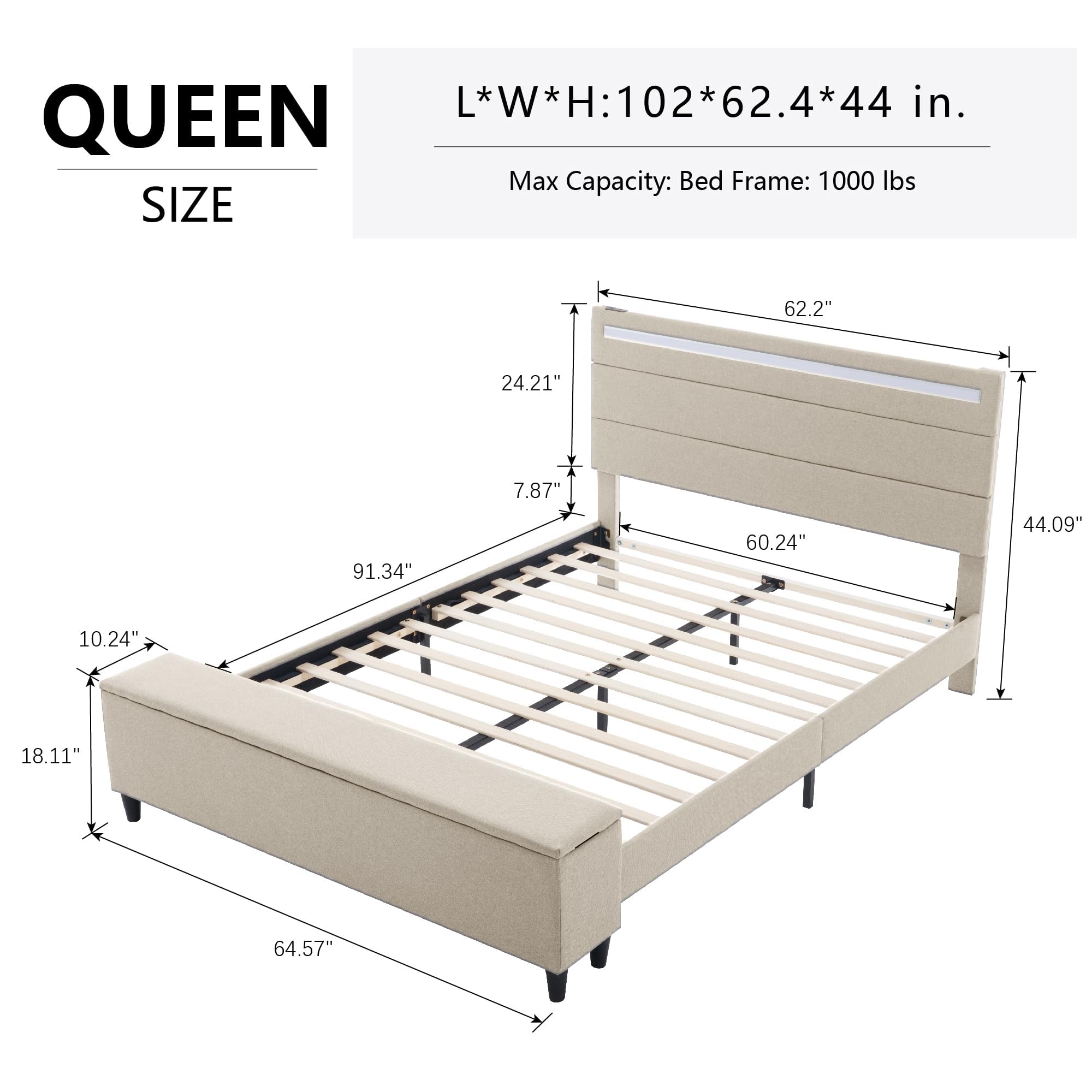 Benevika Upholstered Platform Queen Bed Frame with Large Storage, Modern Linen Fabric Headboard with LED Lights and Charging Station, Sturdy, Ottoman, No Box Spring Needed, Easy Assembly, Grey
