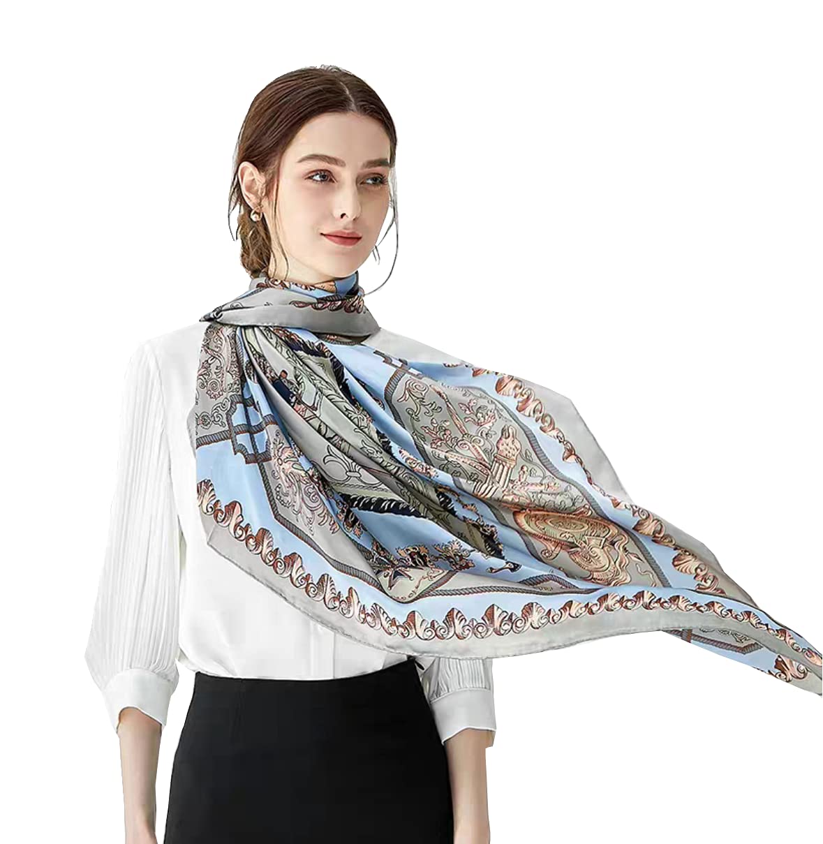 ANDANTINO 100% Pure Mulberry Silk Scarf 43" Large Square Lightweight Headscarf& Shawl–Women Hair Wraps-With Gift Packed (Light Blue)