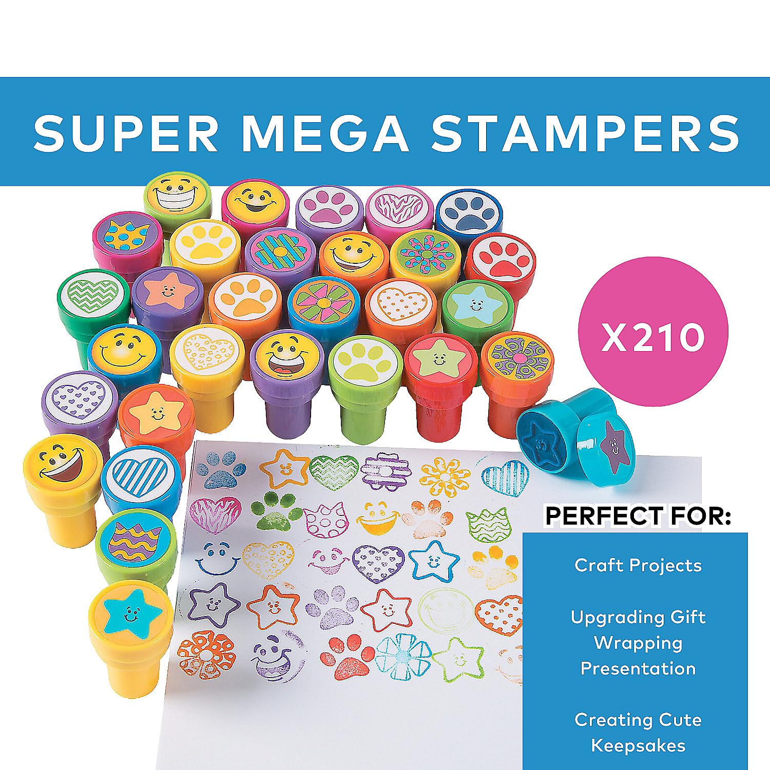 Fun Express - Super Mega Stamper Assortment - (210 stampers)- Stationery - Arts & Crafts- Self Inking - School Supplies -Favors