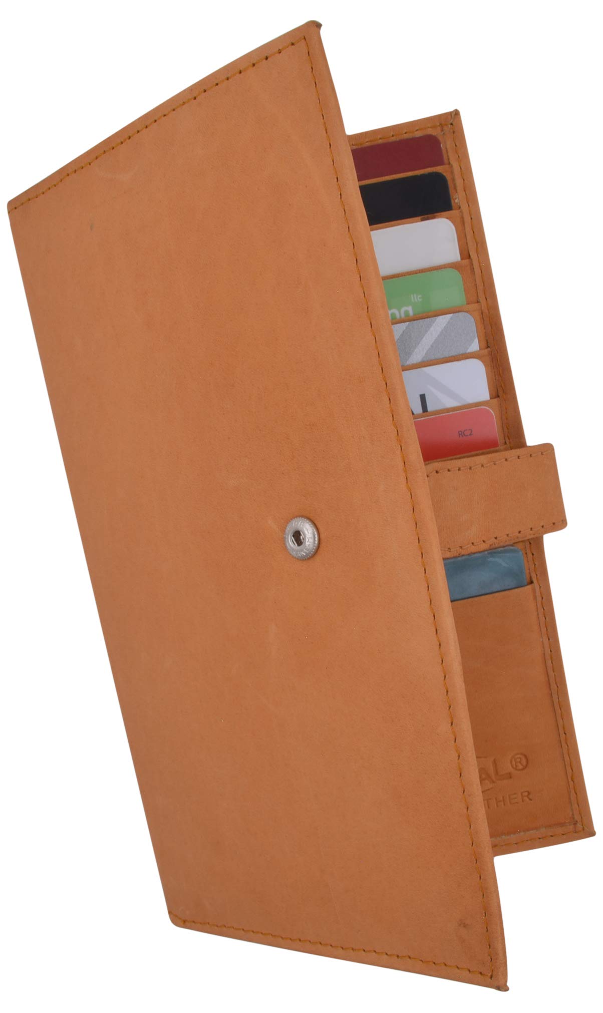 Genuine Leather Bifold Credit Card Holder Secretary Wallet with Snap Closure (Tan)