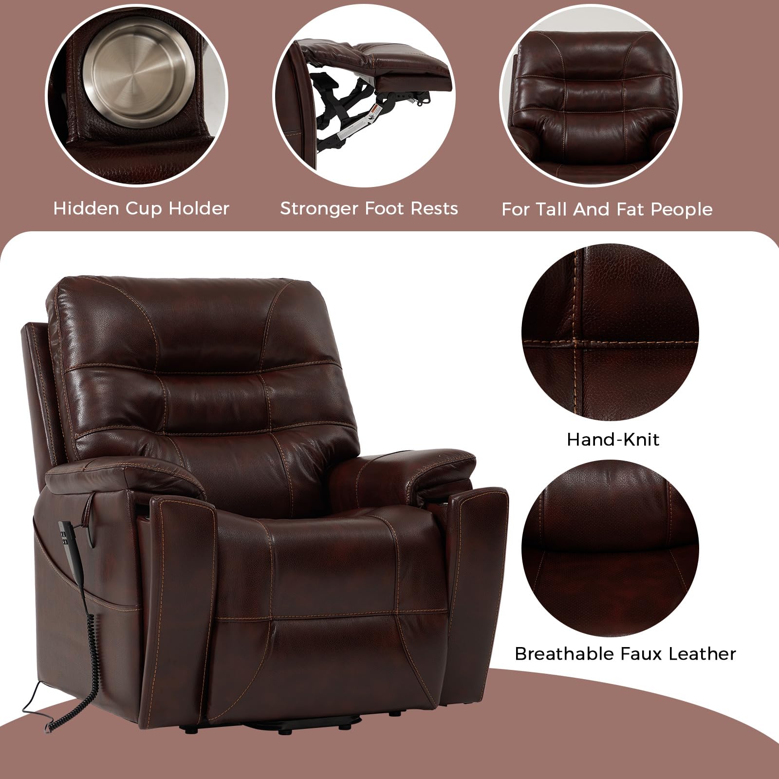 ASIMIL Large Power Lift Chairs Recliners for Elderly Dual OKIN Motor Infinite Position Ergonomics Sofa Lays Flat Chair,Hidden Cup Holder(Faux Leather,Red Brown