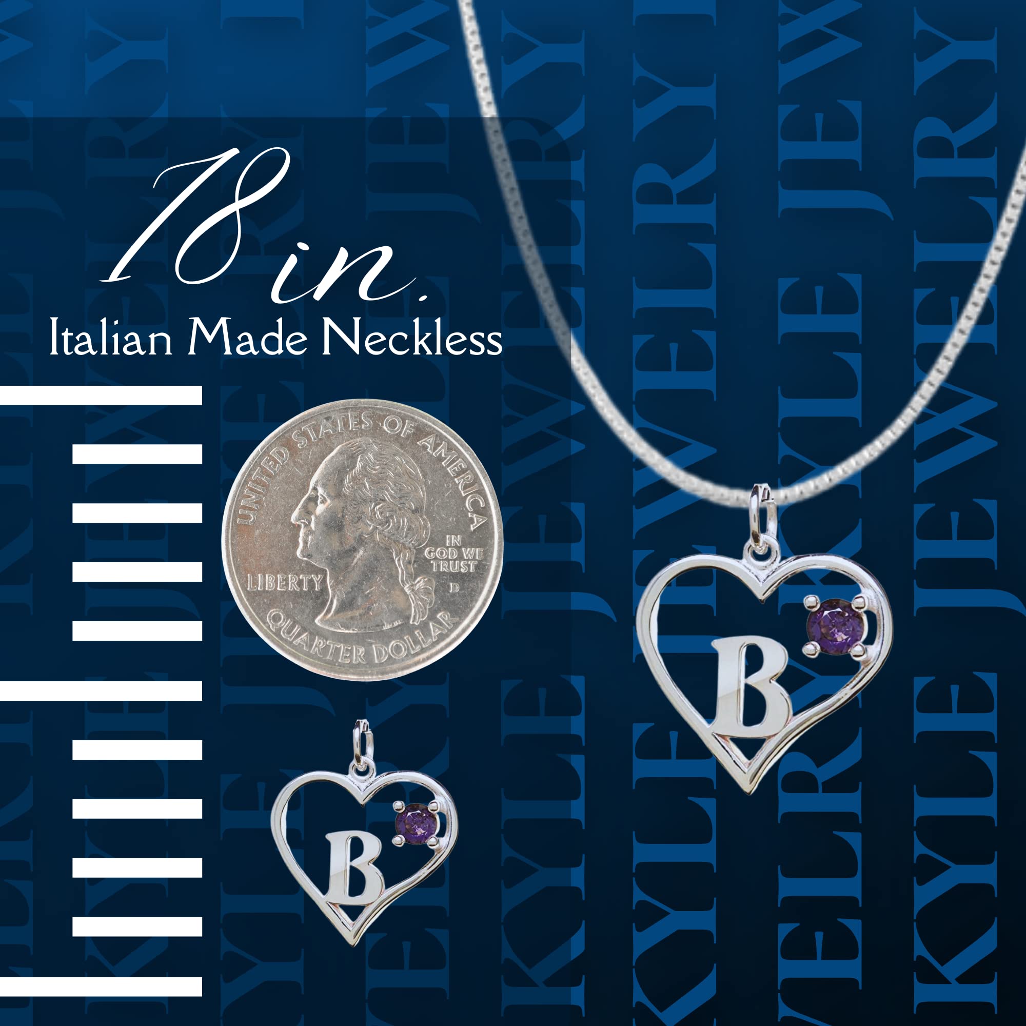 Arbach’s Icy Jewelry - Sterling Silver Box Chain Personalized Birthstone Pendant Statement Necklace - Heart & Letter (B)