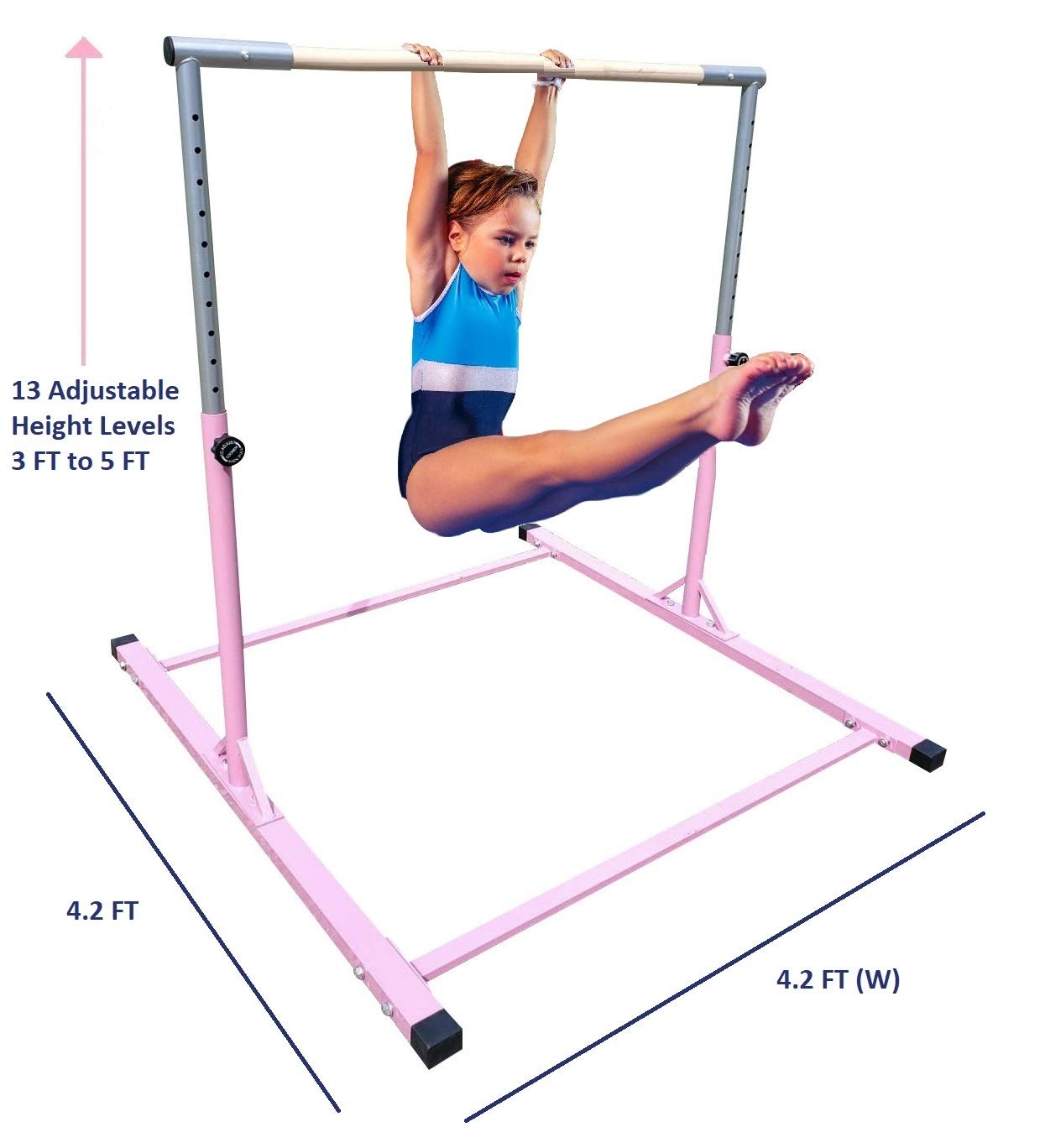 Athletic Bar Kids Gymnastics Junior Horizontal Kip Bar 3 to 5 FT Training Jungle Gym Expandable Adjustable Height 3 to 5 FT Tumble Weight Capacity 300 Pounds (Pink)