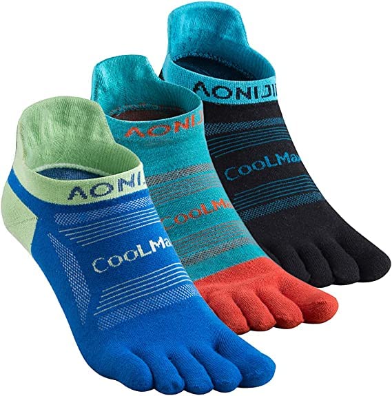 AONIJIE Running Ankle Toe Socks for Men and Women Lightweight Coolmax High Performance Five Finger Athletic Socks(3 Pairs/G: Black Gray, Royal Blue, Emerald Blue,M)