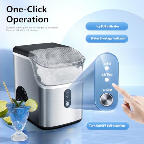 ZAFRO Nugget Ice Maker Countertop,One-Click Self-Cleaning Portable Ice Machine with Ice Scoop and Basket,Soft Chewable Ice in 7 Mins,35lbs/24H,for Home Kitchen Office Party,Stainless Steel Silver