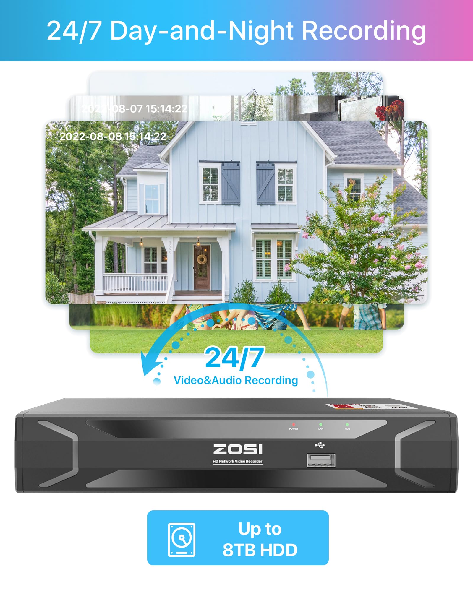 ZOSI 5MP 8CH PoE Security Camera System with Audio,H.265+ 5MP 8 Channel NVR with 2TB HDD,8pcs Weatherproof PoE IP Cameras Outdoor Indoor,Human Detection,100ft Night Vision,for Home 24-7 Recording