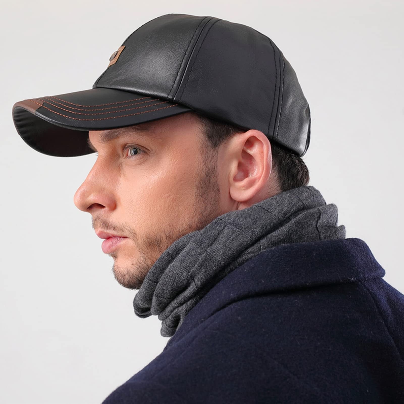 Adjustable Men's Baseball Cap Golf Cap Dad Hat Cowhide Leather Hunting Hat for Fall Winter Outdoor Sports Hat Black