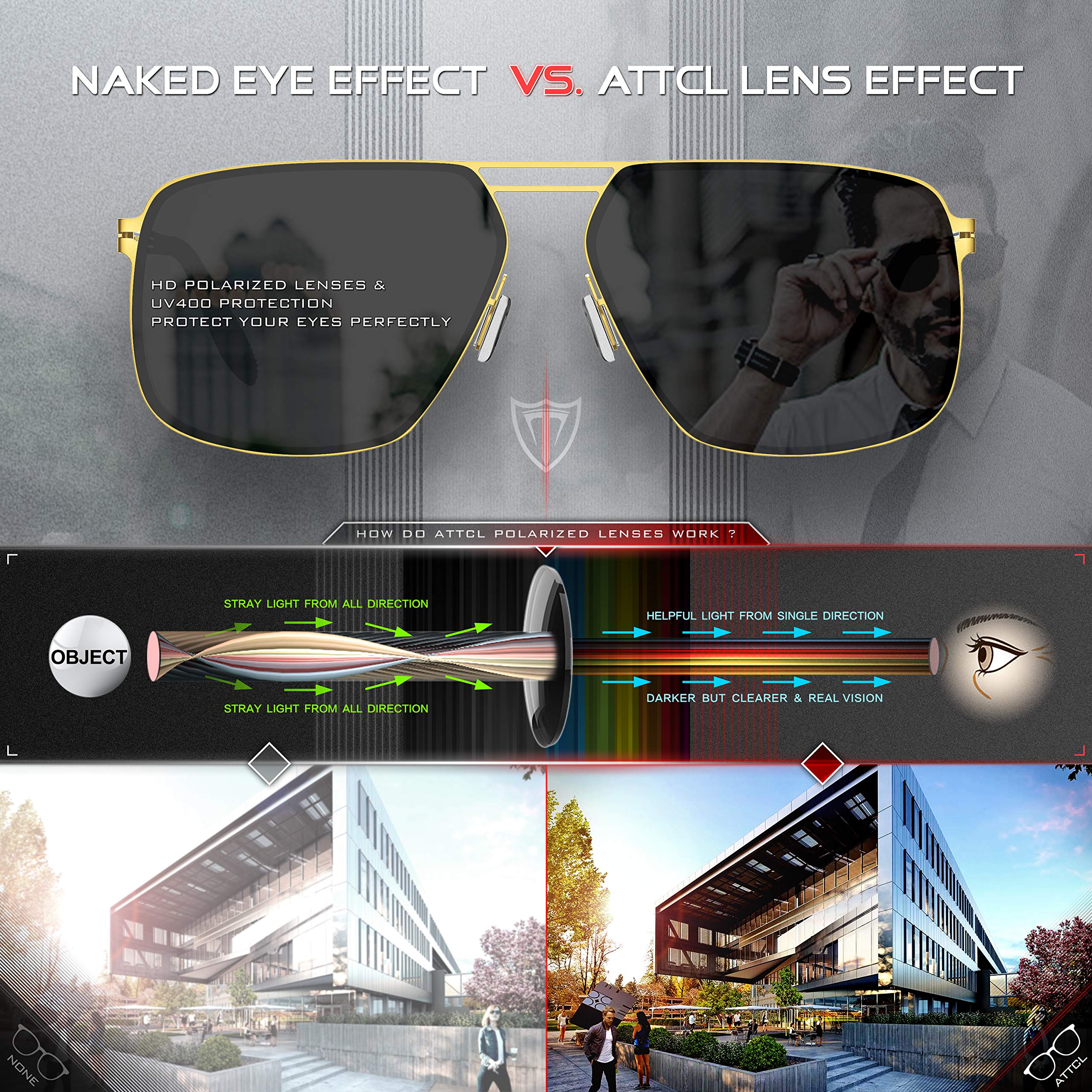ATTCL Polarized Sunglasses for Men - UV400 Protection Lightweight Stainless Steel Rectangular Frame 9771 Gold+grey